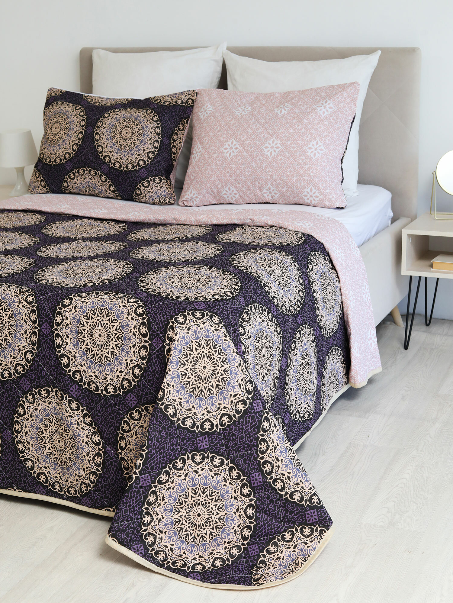 Двухстороннее стеганое покрывало из поплина PB-025 Elintale (персиковый-фиолетовый), 150x215