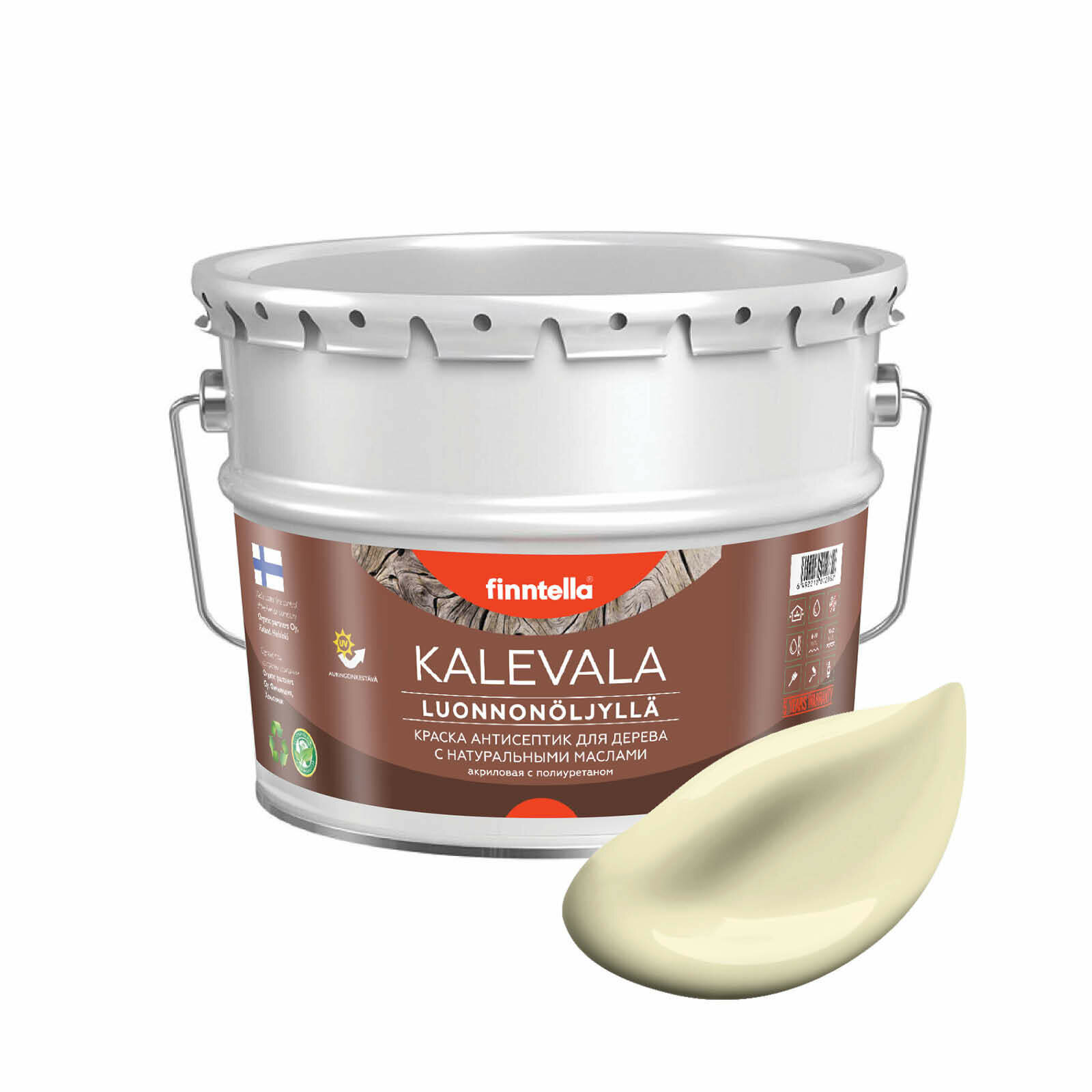 Краска для дерева и деревянных фасадов FINNTELLA KALEVALA, с натуральным маслом и полиуретаном, цвет IVORY (Светло-жёлтый) , 9л