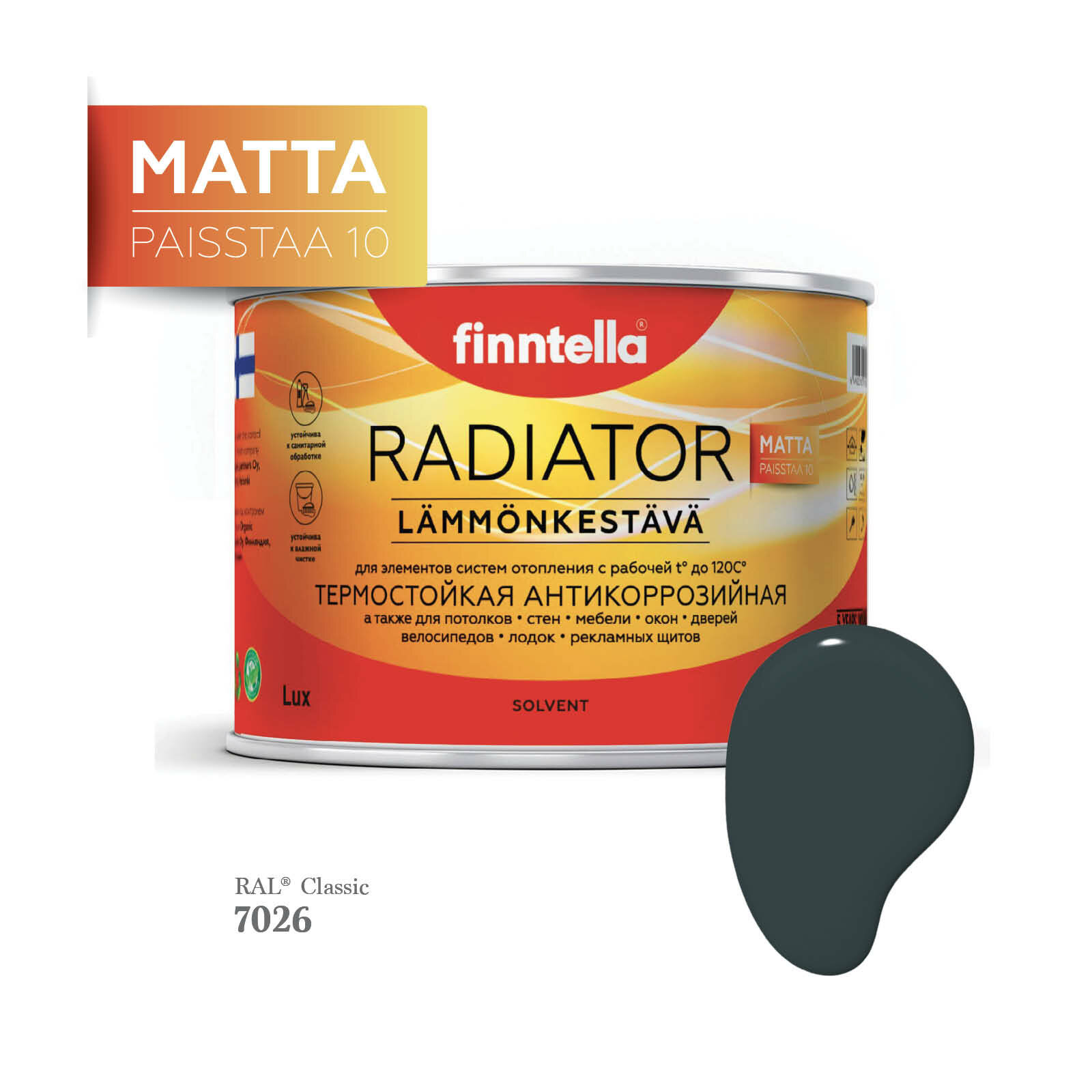 Краска для радиаторов быстросохнущая финская эмаль FINNTELLA RADIATOR Matta. Матовая. Цвет RAL7026 , 0,45л