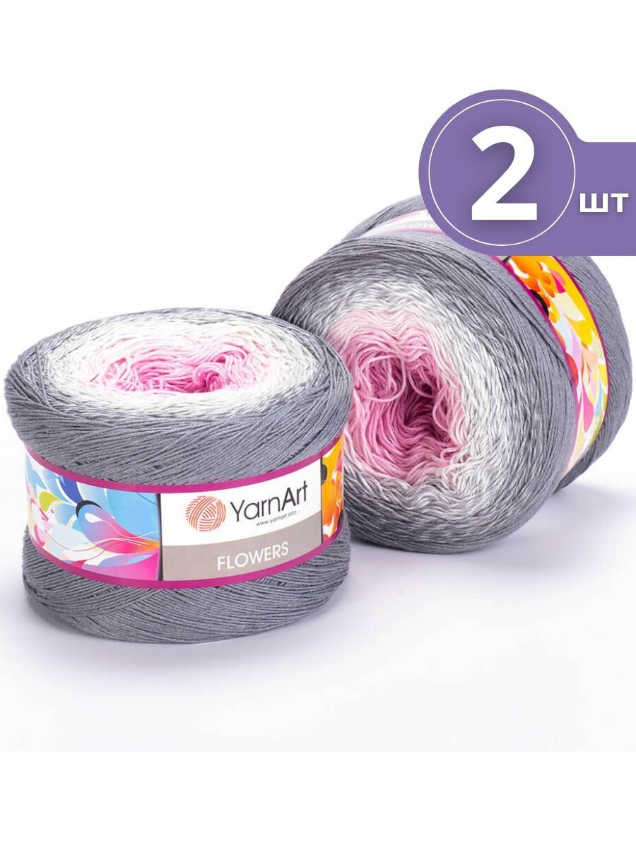Пряжа YarnArt Flowers (ЯрнАрт Фловерс) - 2 мотка цвет: 293 Серый / белый / розовый 55% хлопок, 45% полиакрил 1000м/250г