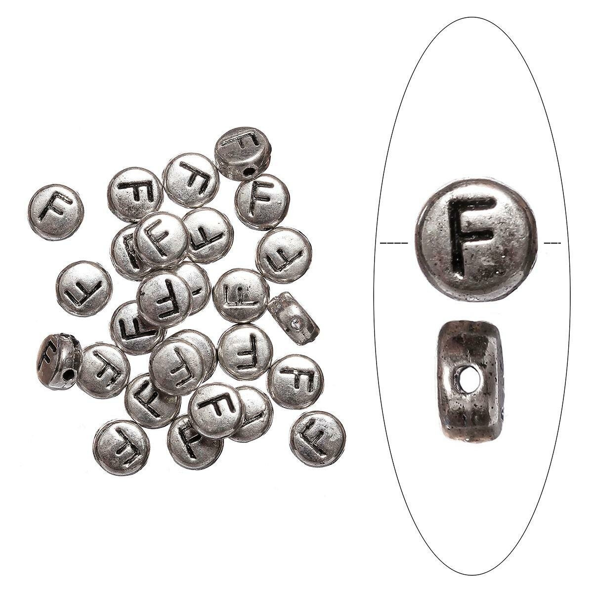 Бусина металлическая, 7х4мм, буква F, базовый материал - цинковый сплав, серебристая с чернением, 10 шт.