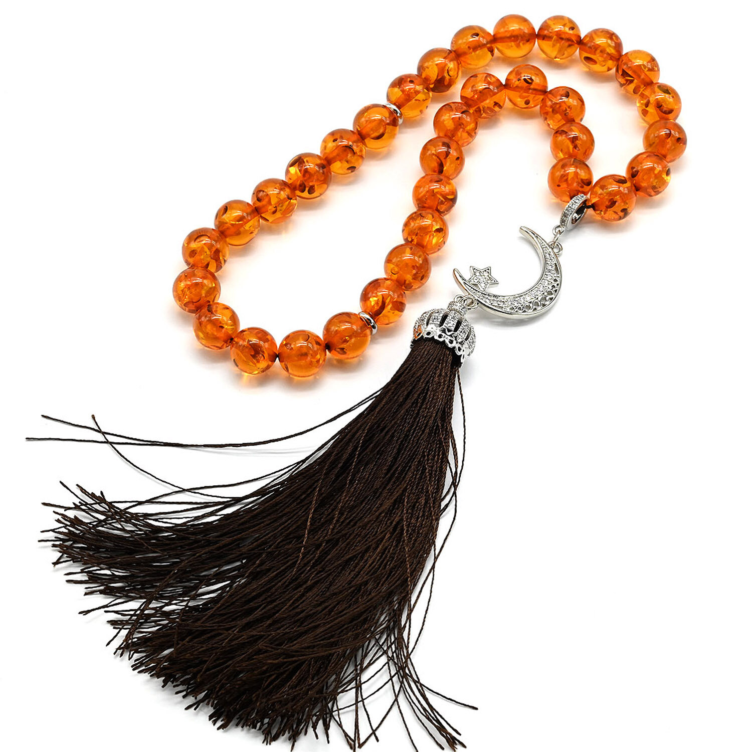 Четки 33 бусины "Полумесяц" из янтаря шарик 10мм цв. коньячный, 34см .