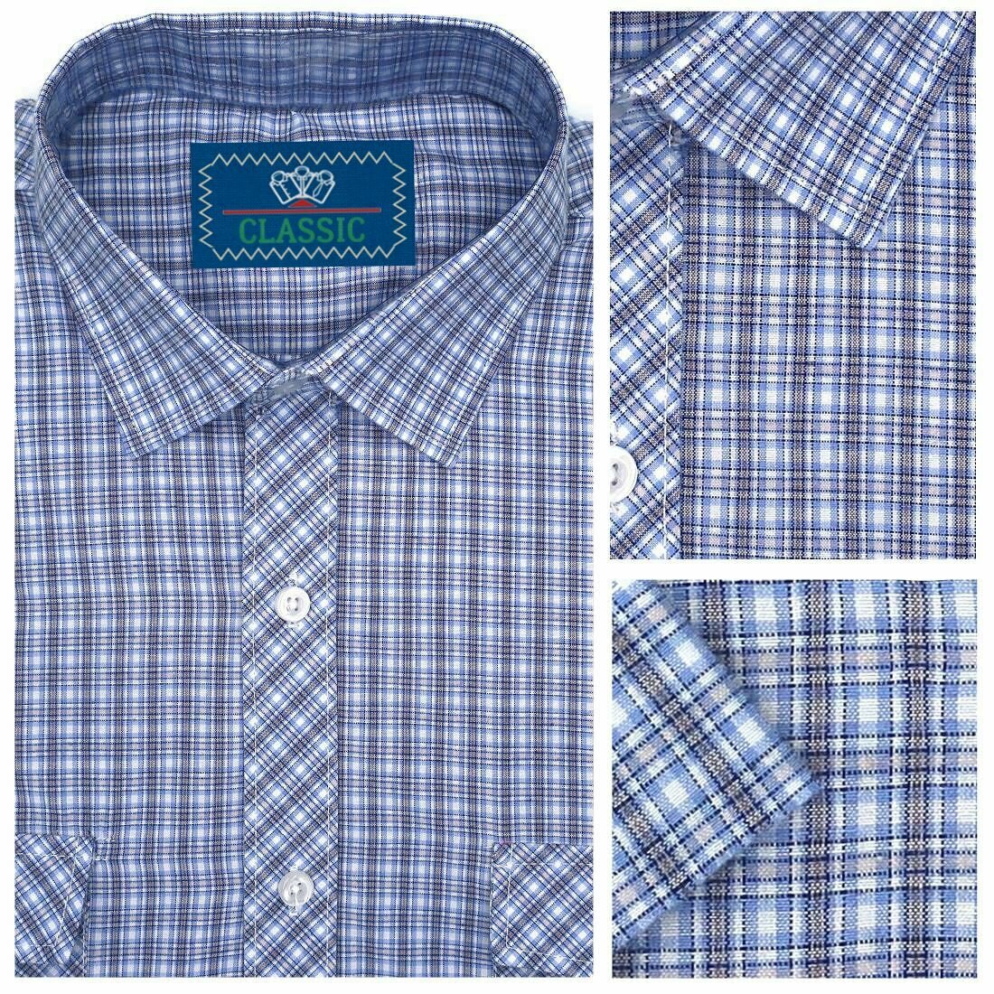 Рубашка Рубашка мужская с коротким рукавом, прямая классическая, светлая сорочка, на пуговицах, рубаха на любой сезон, стильный фасон одежды, голубая, клетка, с карманами, летняя