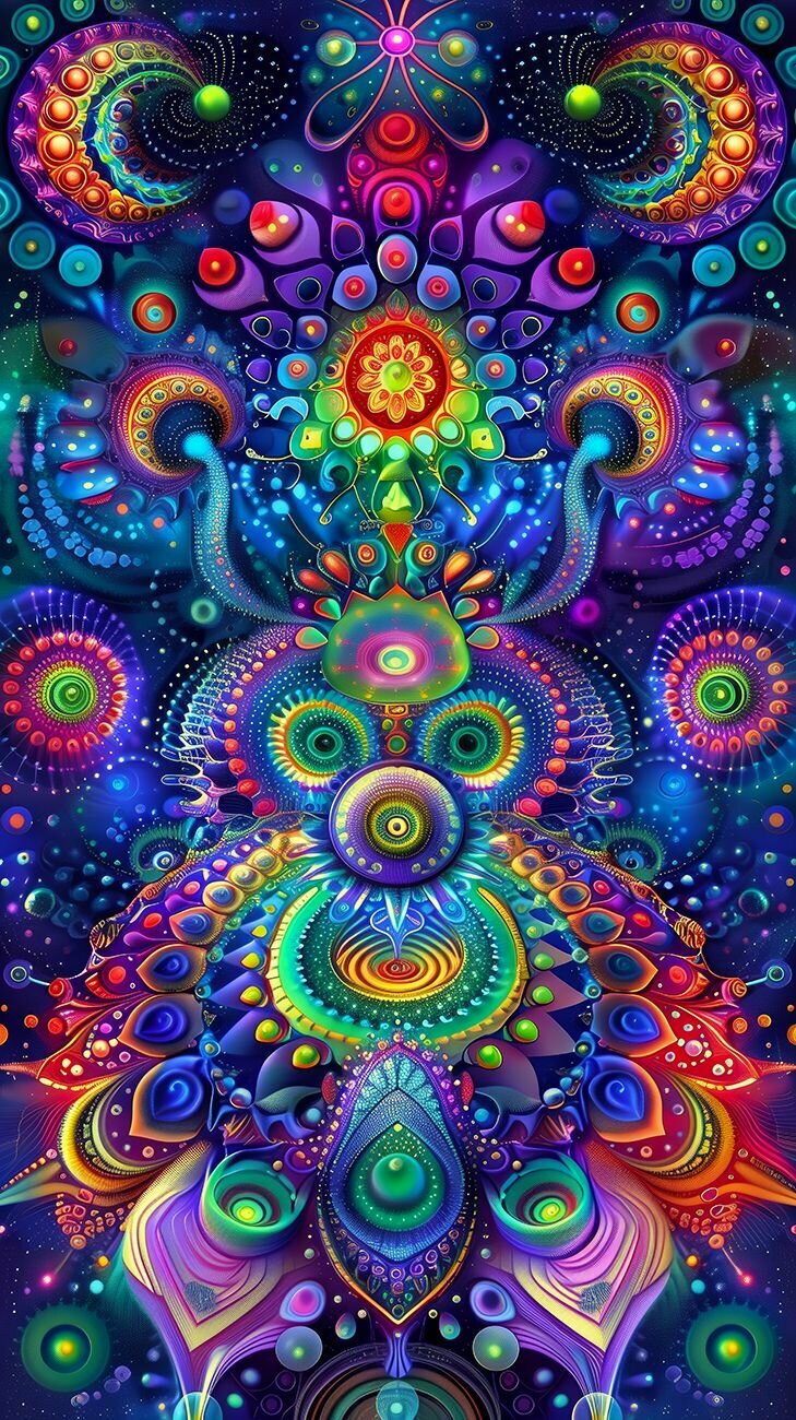 Флуоресцентная интерьерная картина на ткани с ярким рисунком Mushroom Dance - Арт панно фон, полотно на стену, светящийся в УФ ультрафиолете LED неоне гобелен, современный настенный декор