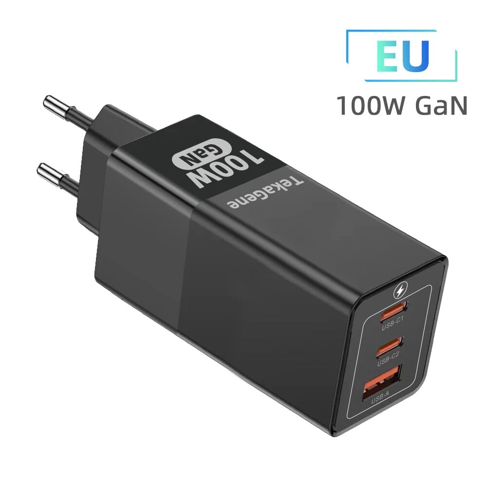 Зарядное устройство GaN 100 Вт, 3 порта USB A Type C, адаптер питания для быстрой зарядки, EU Black