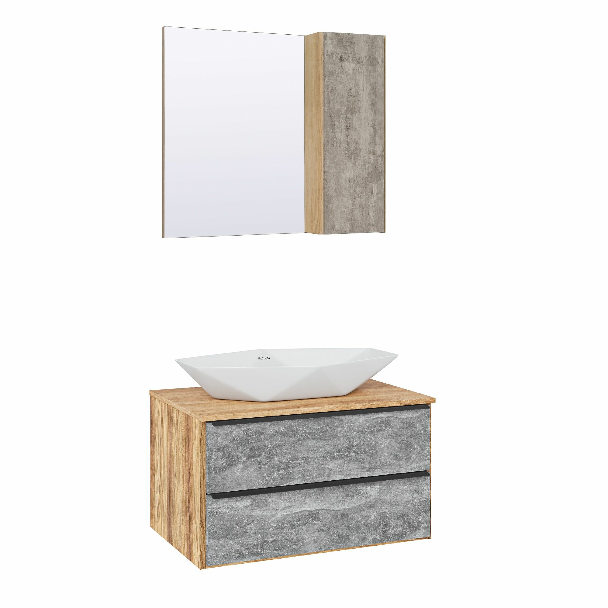 Мебель для ванной Мальта 70, серый дуб (тумба подвесная с раковиной Poligono, зеркало-шкаф)