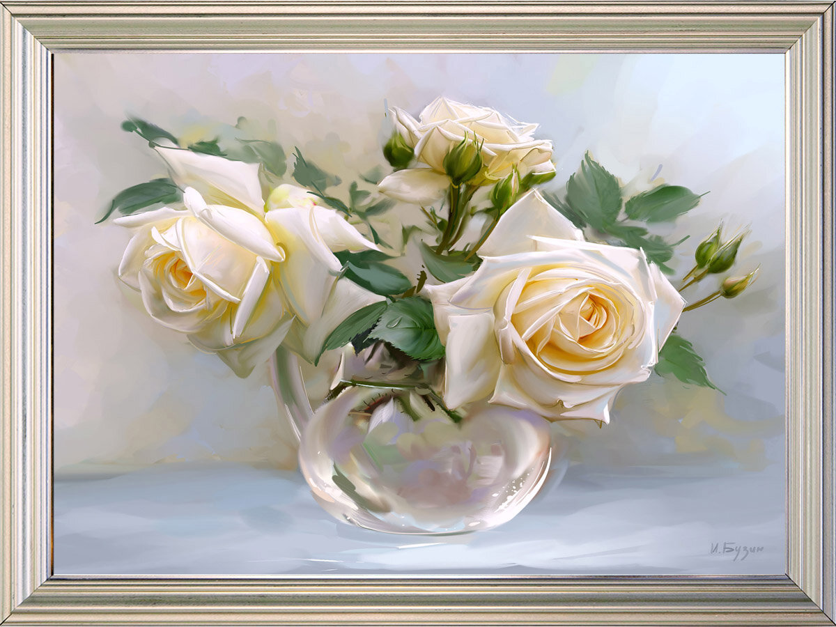 Картина, "Белые розы", 30х40 см, художник - Бузин Игорь, оформлена в багет, Арт. БИ4-30х40
