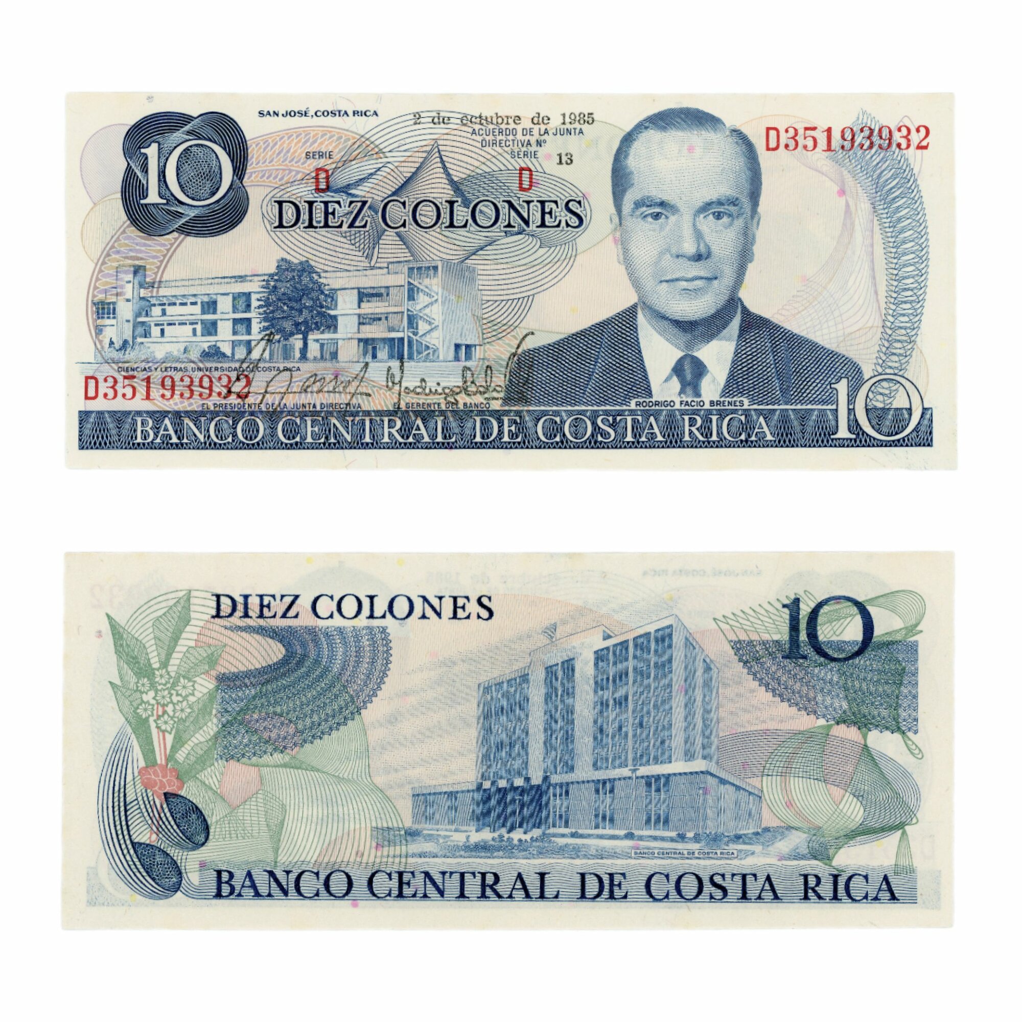 Банкнота Коста-Рика 10 колонов 1985 год Uncirculated (UNC) Pick 237