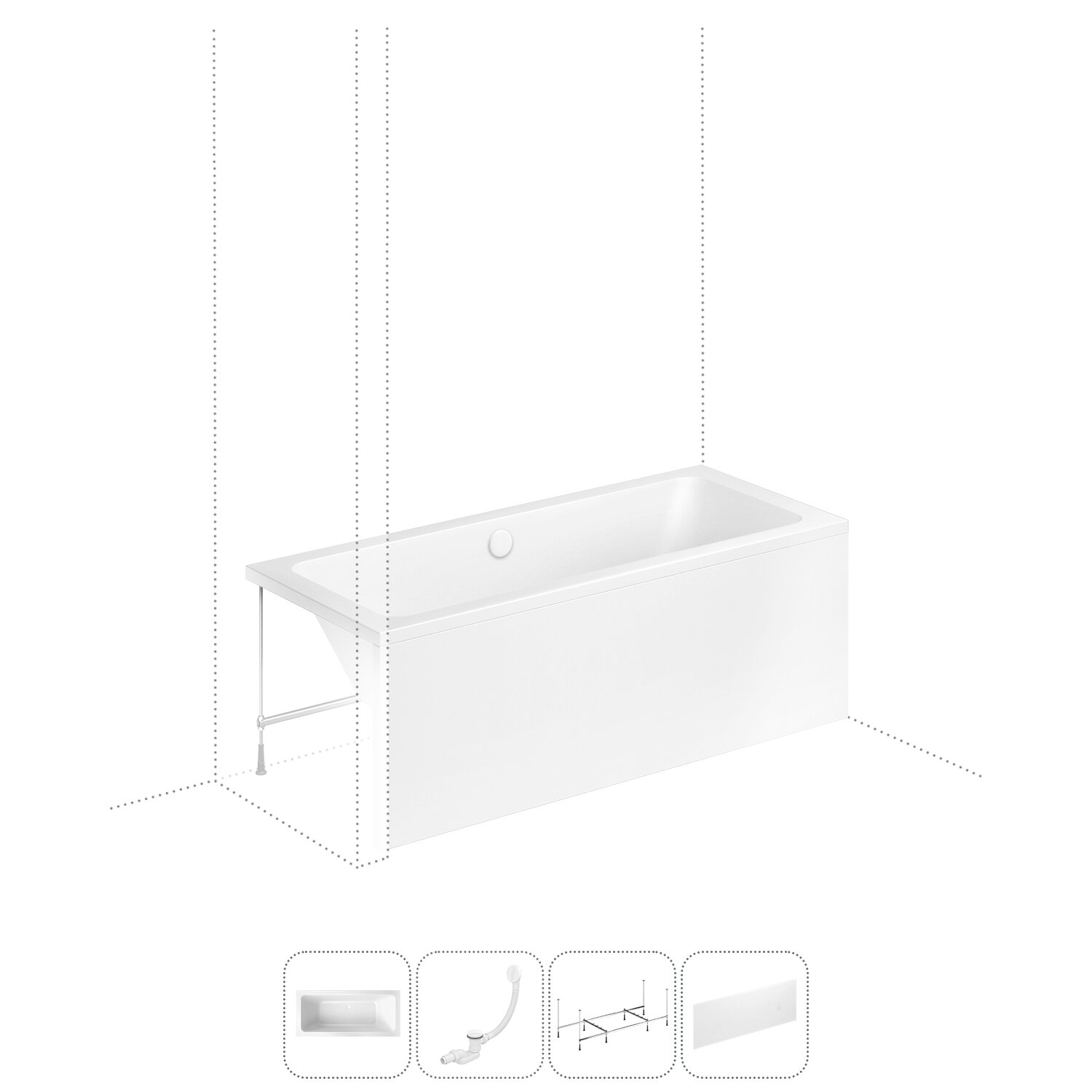 Акриловая ванна 170x75 с каркасом и экраном Lavinia Boho Pure 202011164 в наборе 4 в 1: прямоугольная ванна 170 x 75 см, слив-перелив, каркас, экран