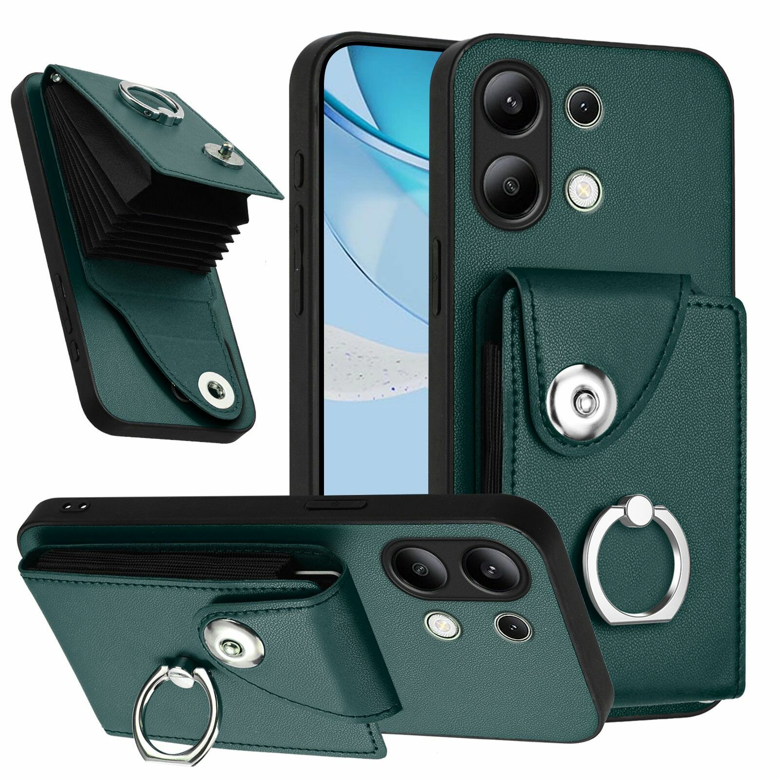 Кожаный чехол для Xiaomi Redmi Note 13 4G (Редми Ноут 13 4Г) с кнопкой, бумажником, визитницей и коротким ремешком