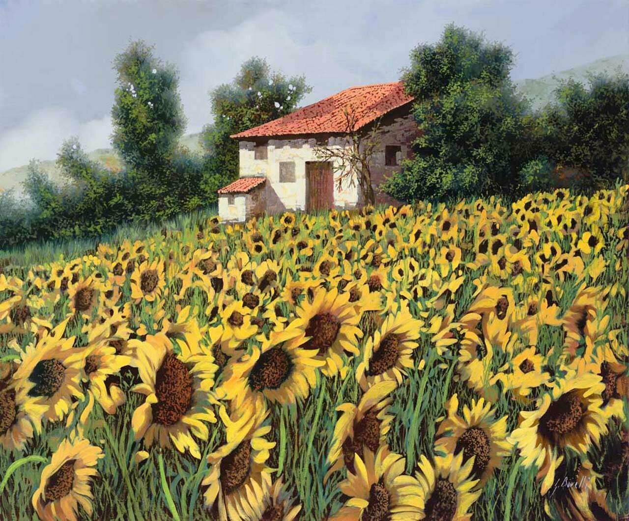 Фотообои Поле подсолнухов 8-120-S-Флок 270 x 200 см (ВхШ) Бесшовные, флизелиновые, влагостойкие обои MasterFresok