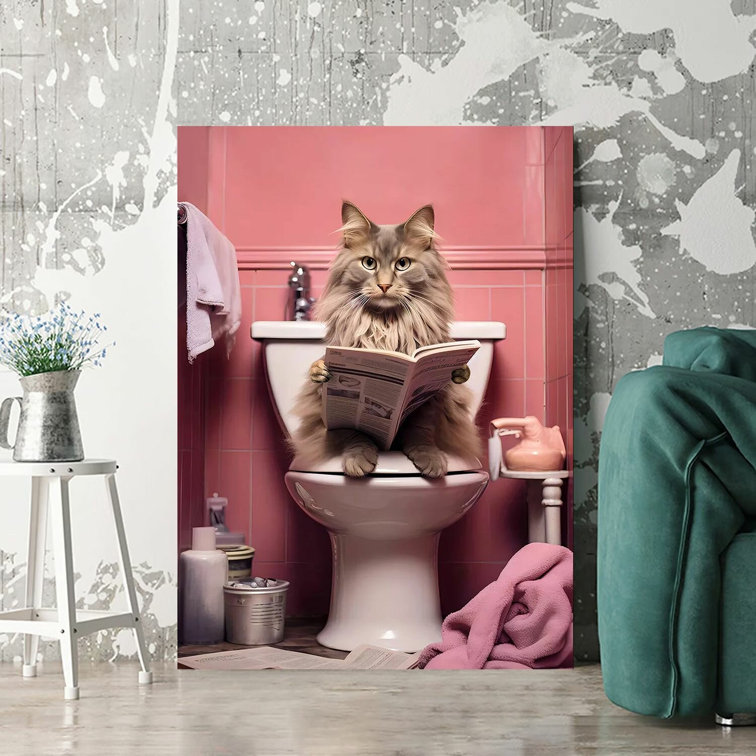 Картина в туалет, ванную комнату Кот читает газету, 60х80 см.