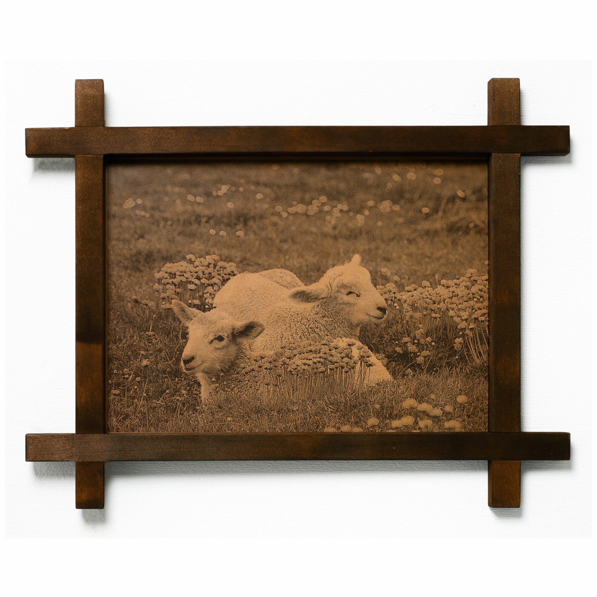 Картина интерьерная, натуральная кожа, "Барашки в цветах", в деревянной раме, BoomGift