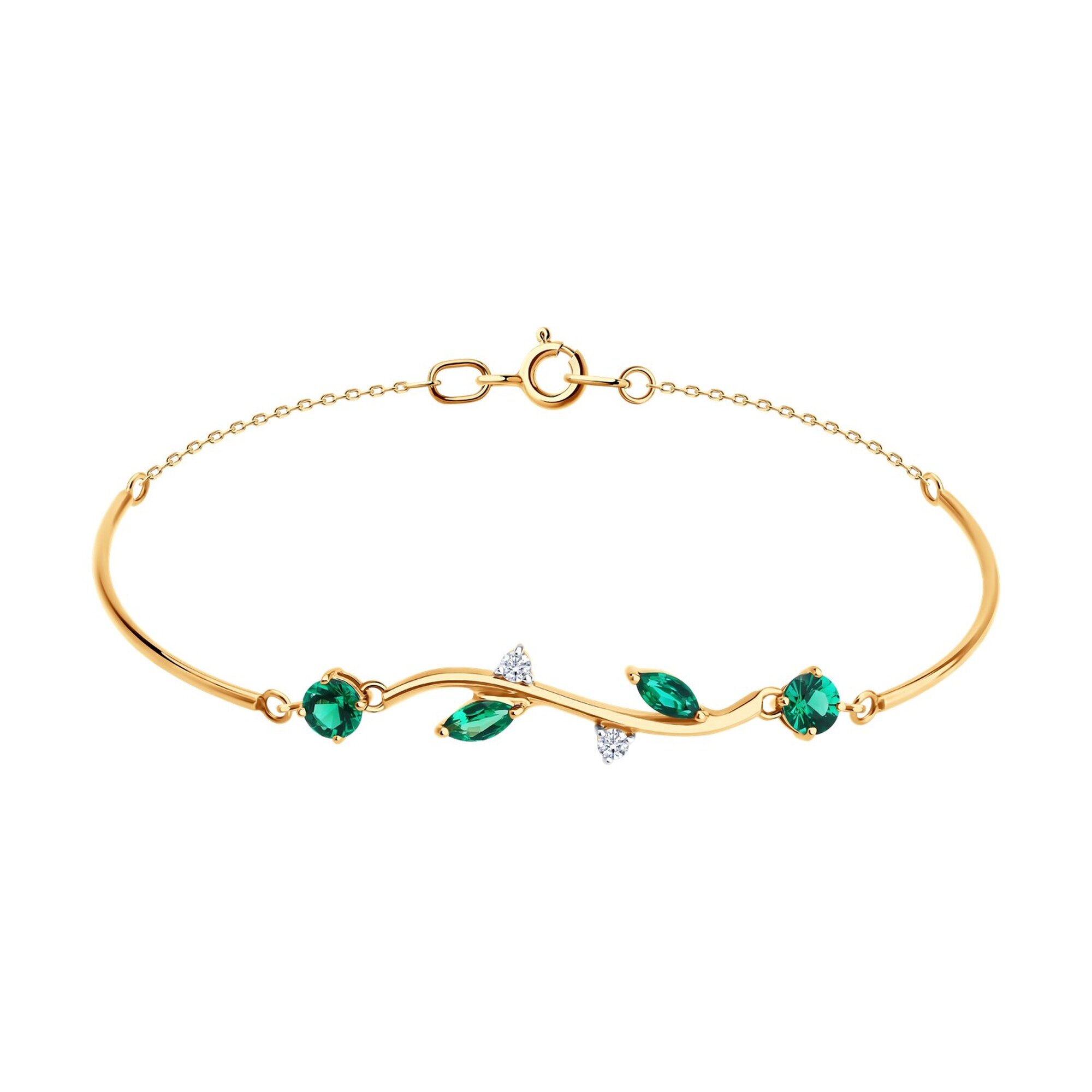 Браслет, красное золото, 585 проба, фианит, изумруд синтетический