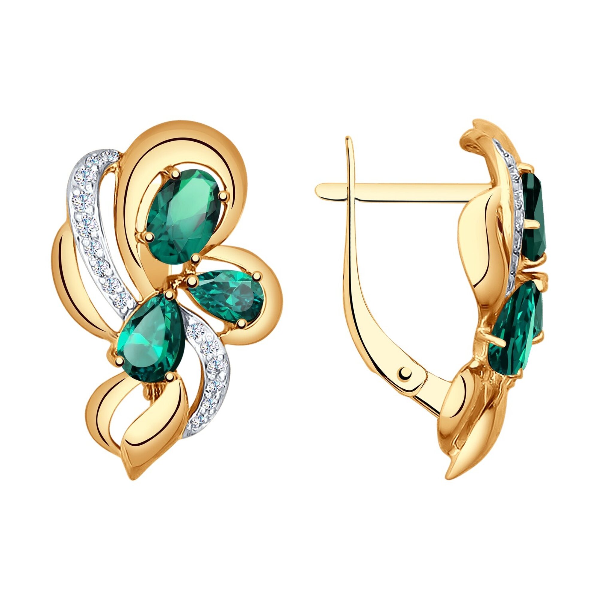Серьги, красное золото, 585 проба, изумруд синтетический, фианит