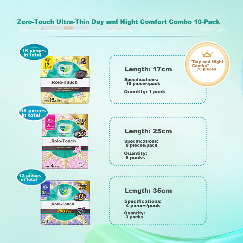 Laurier Kao Zero Touch Ultra-Thin Comfort Day And Night Sanitary Napkins Combo, 10 Packs, 76 Pieces, Menstrual Pads, Full Cycle, 2 Months Supply