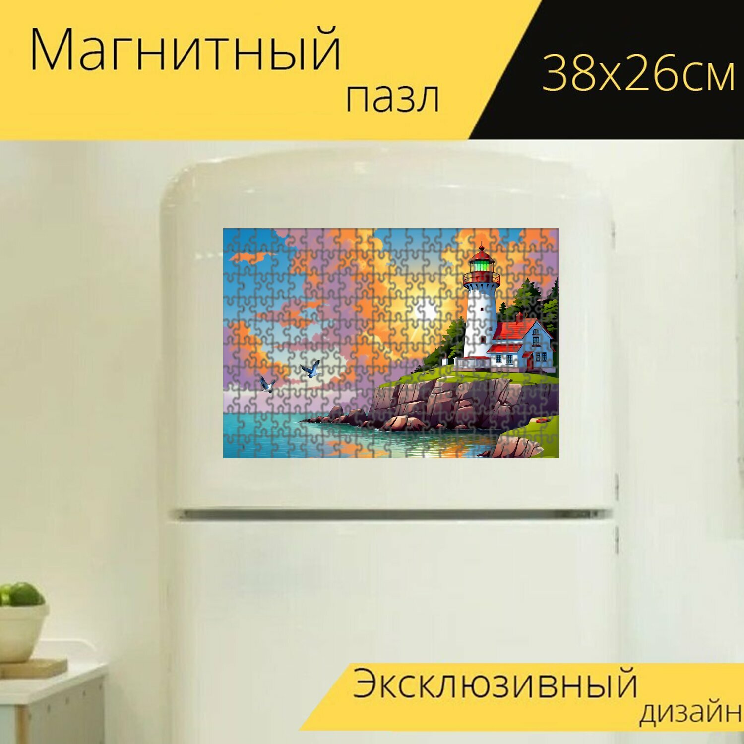 Магнитный пазл "Морской пейзаж с маяком на скалистом берегу. Маяк высокий и белый с красной крышей, рядом уютный дом, украшенный красной крышей. На небе." для интерьера, 38х26 см.