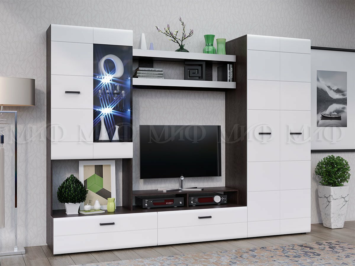 Гостиная мебель Миф Нэнси NEW МДФ Компоновка №4 Белый глянец холодный/венге, с подсветкой