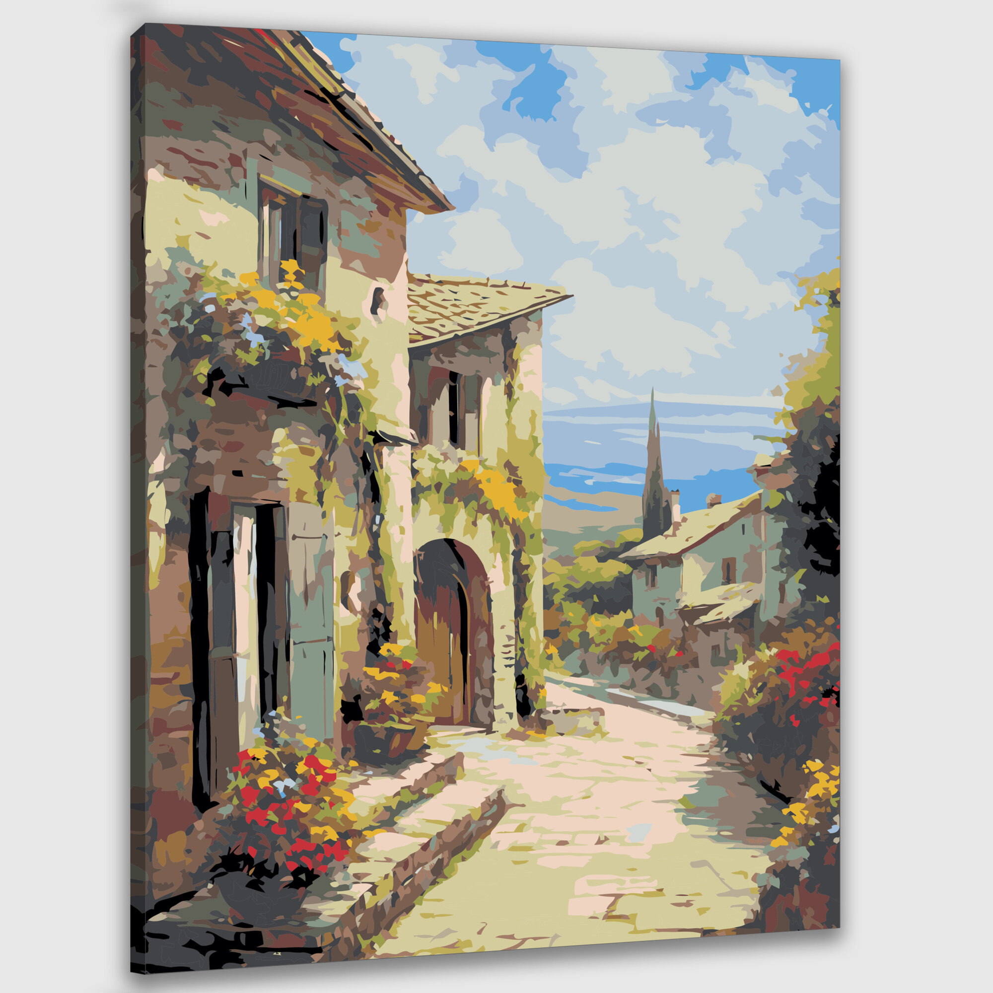 Картина по номерам 40x50 см, картина, реализм, масло, деревушка, холмы, архитектура, коттеджи, камень, дерево