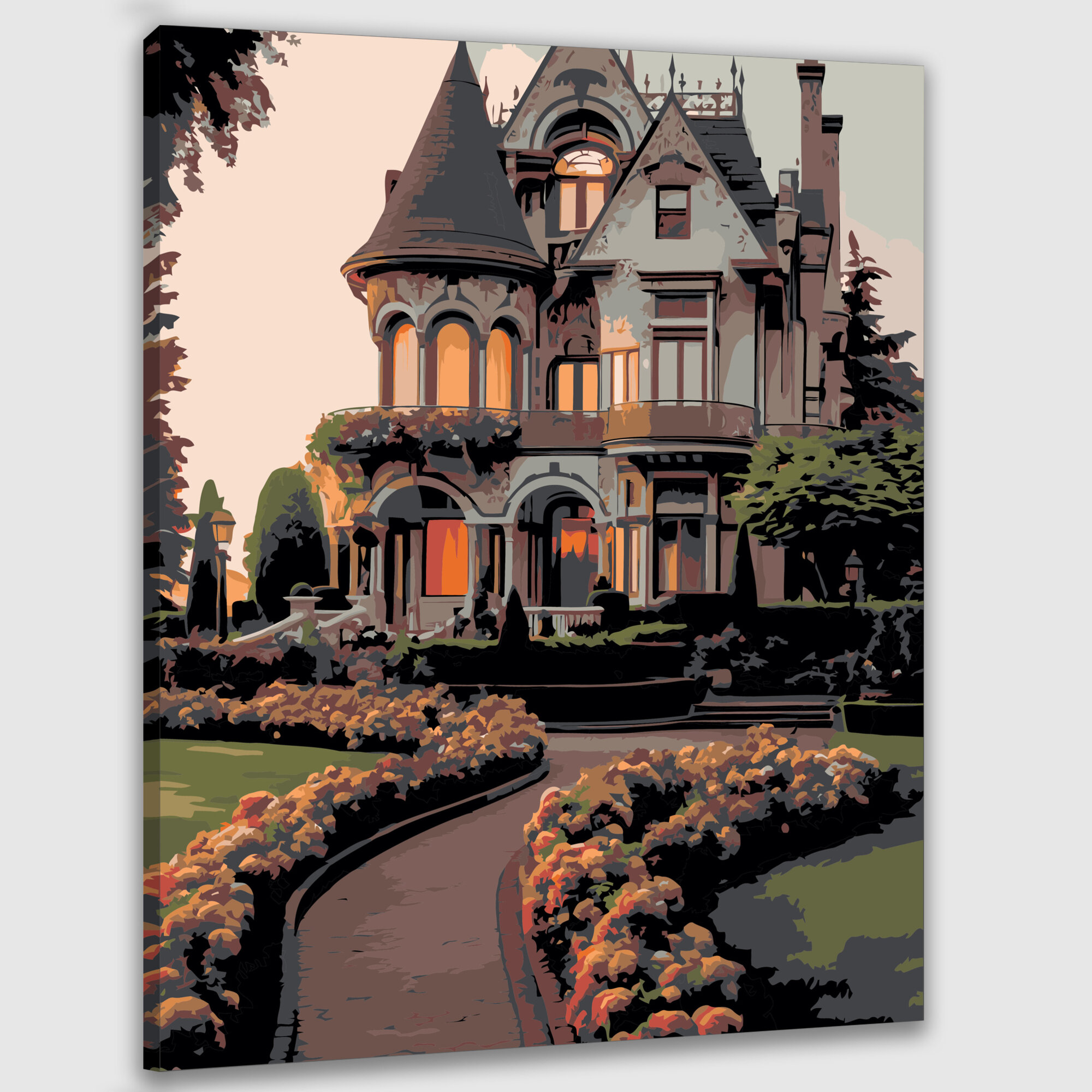 Картина по номерам 40x50 см, фотография, модный дом, фасад, белые стены, большие окна, величественный вход, сад