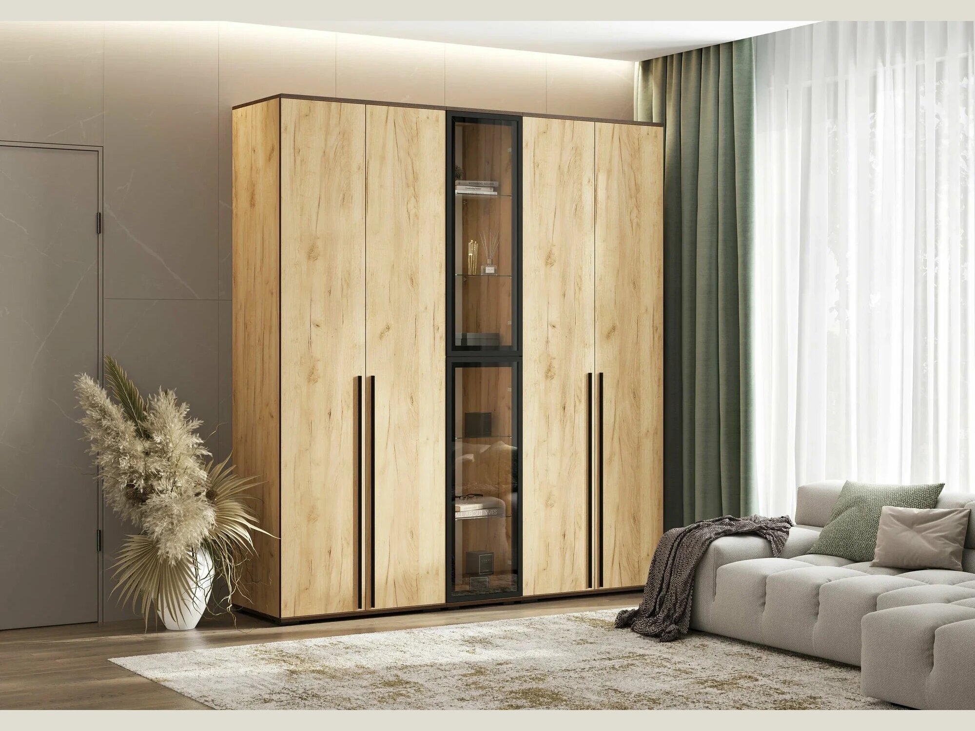 Комплект из двух двухдверных шкафов и пенала со стеклом, ЛДСП, с подсветкой, крафт