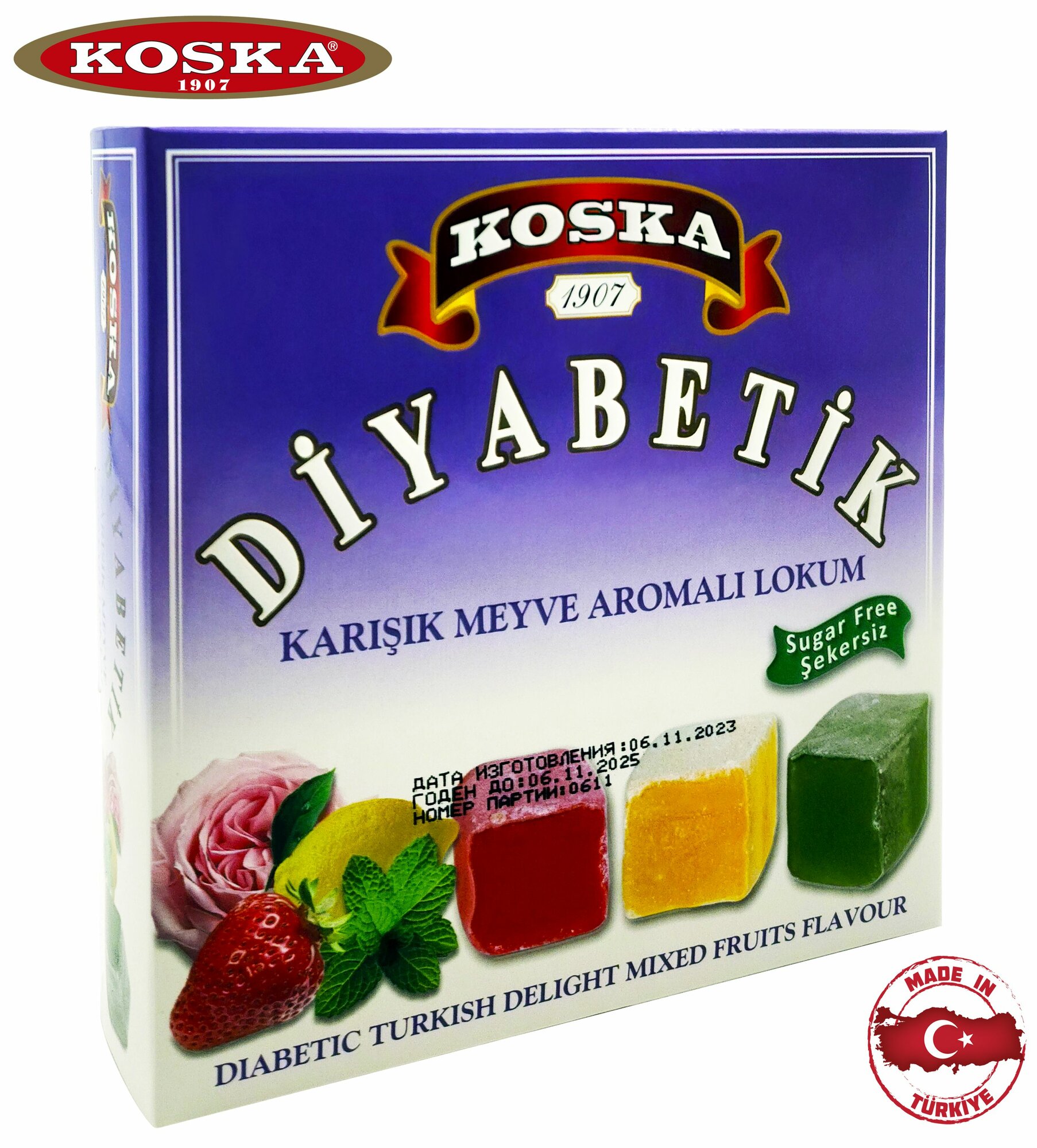 Рахат-лукум диабетический (без сахара) ассорти вкусов, "Koska", Diyabetik Meyve Aromali Lokum, 250гр. Турция
