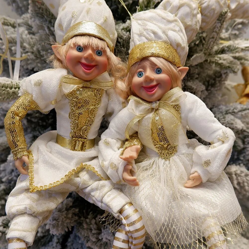 Игрушка под елку, Эльф, Белый с золотом, высота 60см, длина 20 см