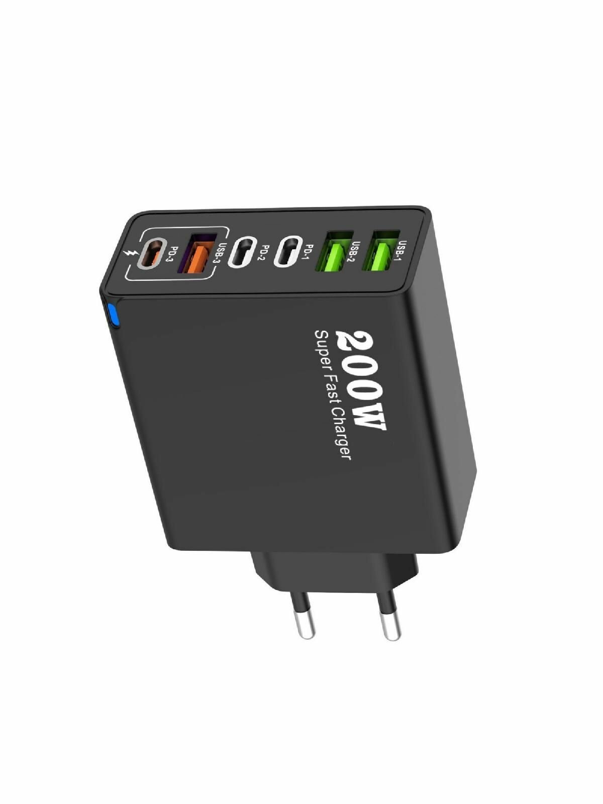 Сетевое зарядное устройство, Многопортовое зарядное устройство мощностью 200 Вт 3USB + 3PD для мобильного телефона с быстрой зарядкой "шесть в одном"-Европейский стандарт-черный