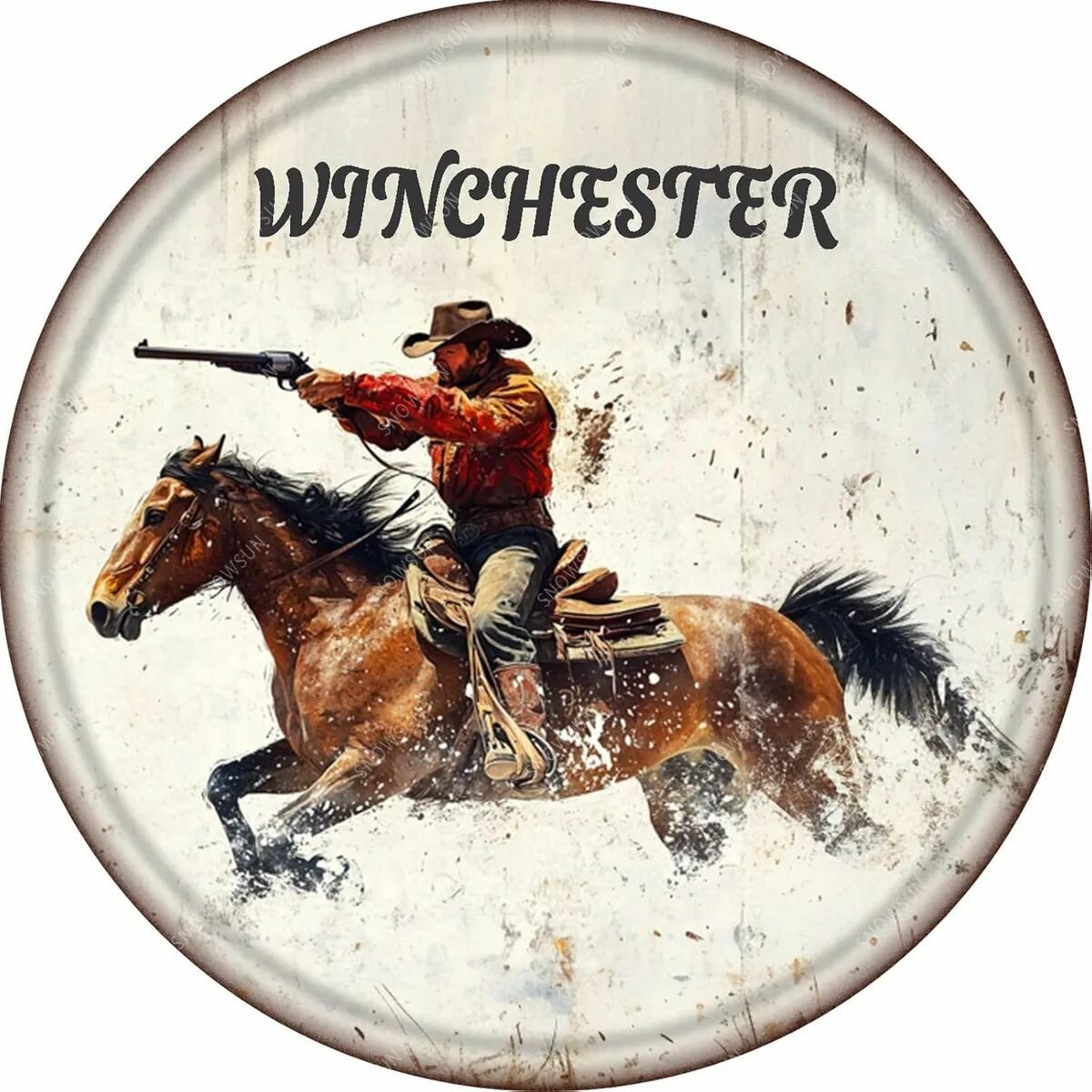 Круглый тин-сайн "Вестерн: Винчестер и ковбой", 20см, винитаж-стиль