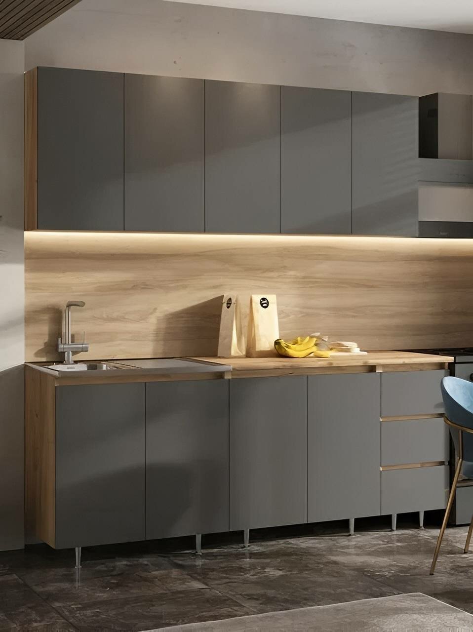 Кухонный гарнитур Челси 2м ЛДСП графит/дуб крафт со столешницей