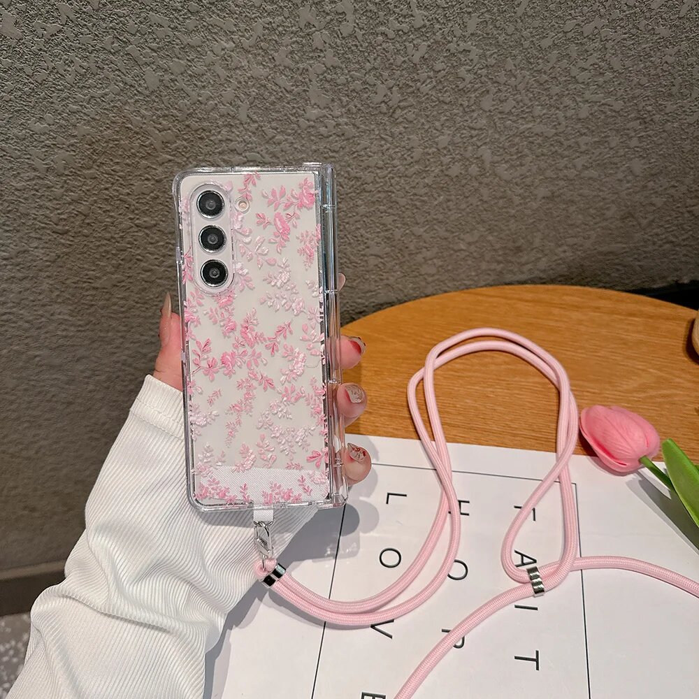 Для Samsung Galaxy Z Fold 6 5 4, чехол с цветами, окрашенный браслет, прозрачный противоударный шарнирный защитный жесткий чехол, аксессуары 3(With Bracelet), for Z Fold 6