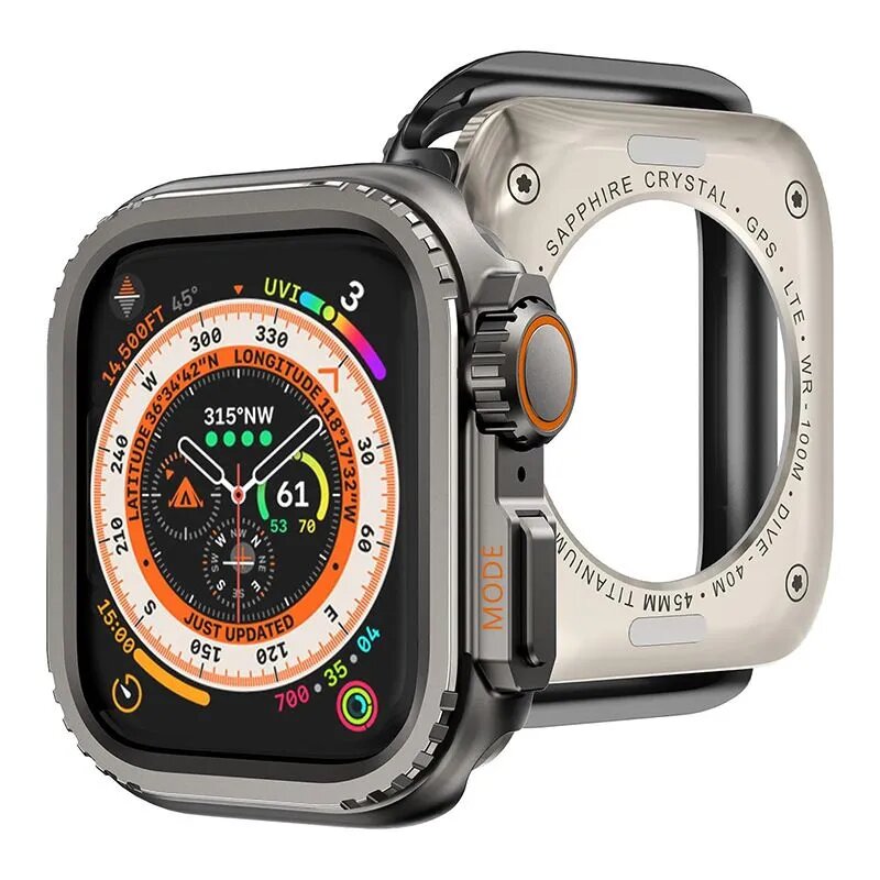 Металлический защитный чехол бампер Ultra для Apple Watch 4-9 и SE 44 мм, 45 мм с противоударными свойствами и функцией защитного экрана, мгновенно придаёт внешний вид Apple Ultra