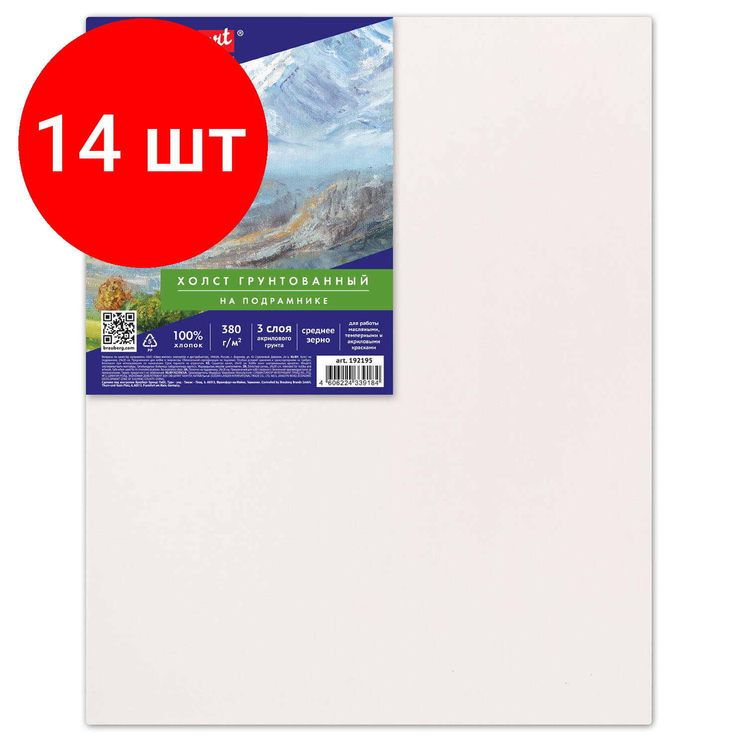 Комплект 14 шт, Холст на подрамнике 24х30 см, 380 г/м2, грунтованный, 100% хлопок, BRAUBERG ART, 192195
