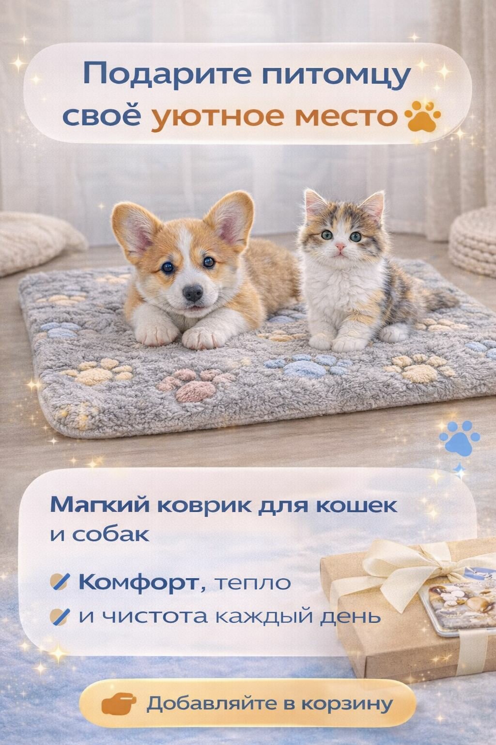 Лежак-коврик для собак и кошек 60*40 см, тёплый и мягкий