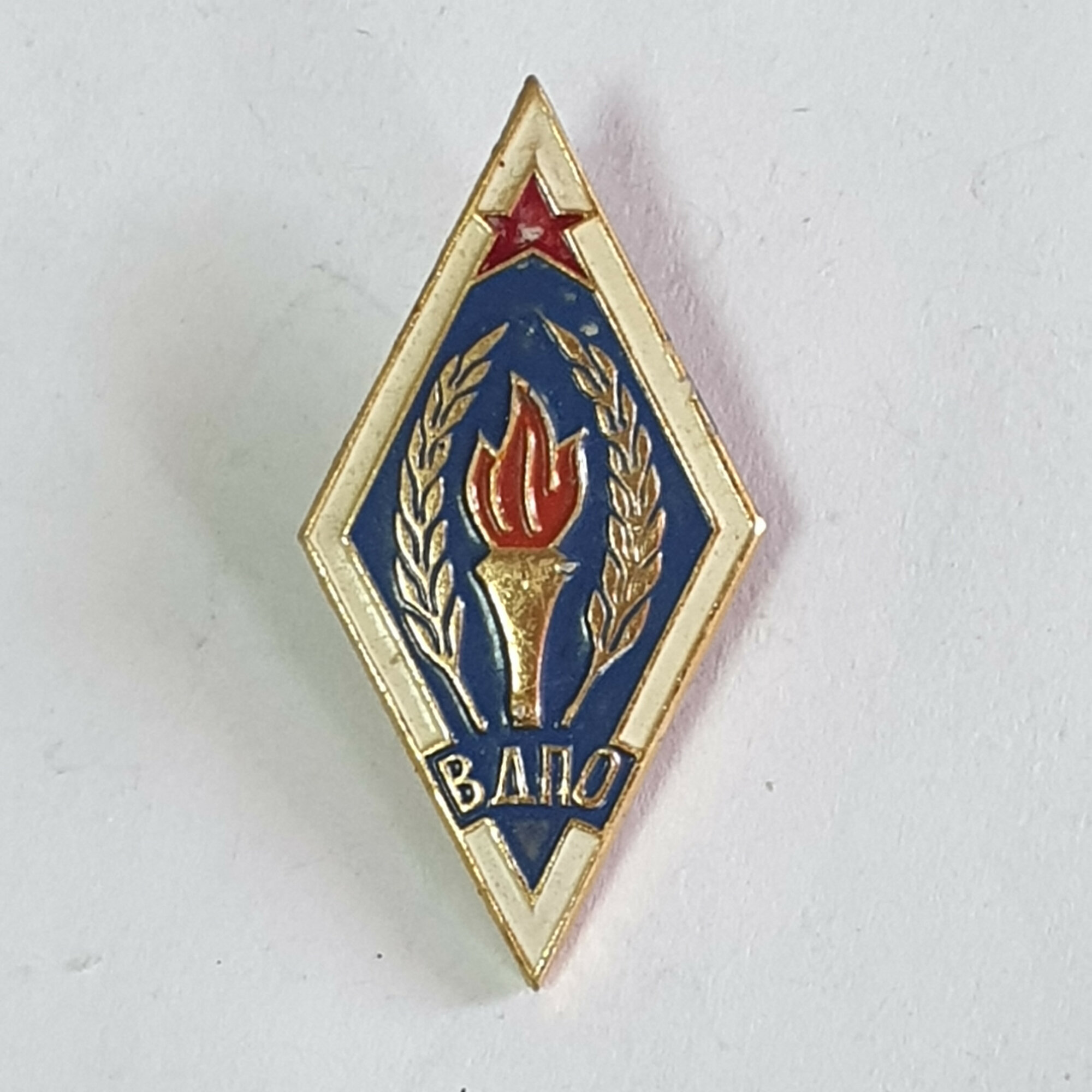 Значок СССР вдпо, факел и лавровые ветви на синем фоне с красной звездой, советский, винтажный.