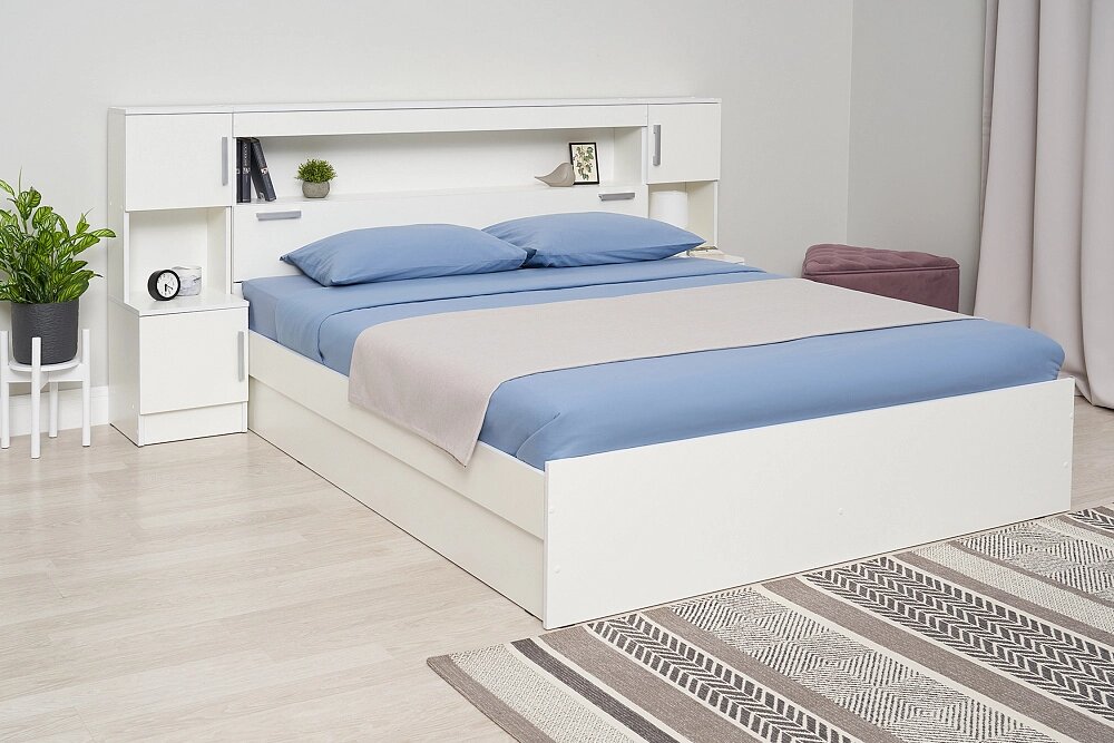 Кровать двухспальная с надстройкой и тумбами 160х200 см, Бассо, Бася, 233.5х222.9х101.6 см, ЛДСП, Белый