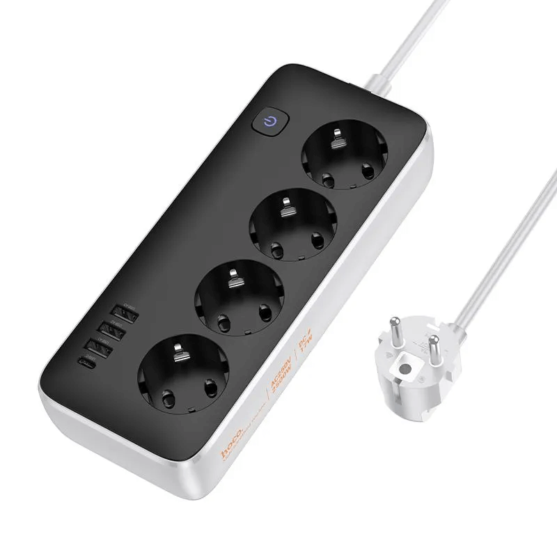 Сетевой фильтр Hoco AC21 3USB-A, 1USB-C, 4розетки, 1.5 метра, черный