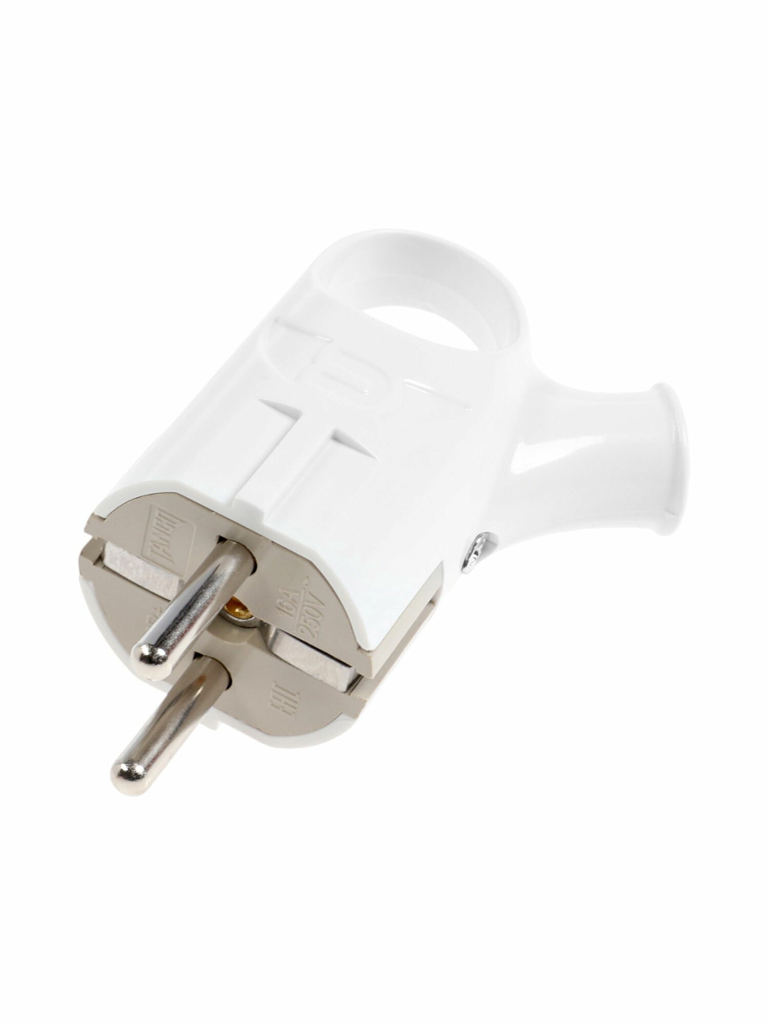 Вилка угловая с ушком 16 А, 250 В, IP20, с заземлением, белая
