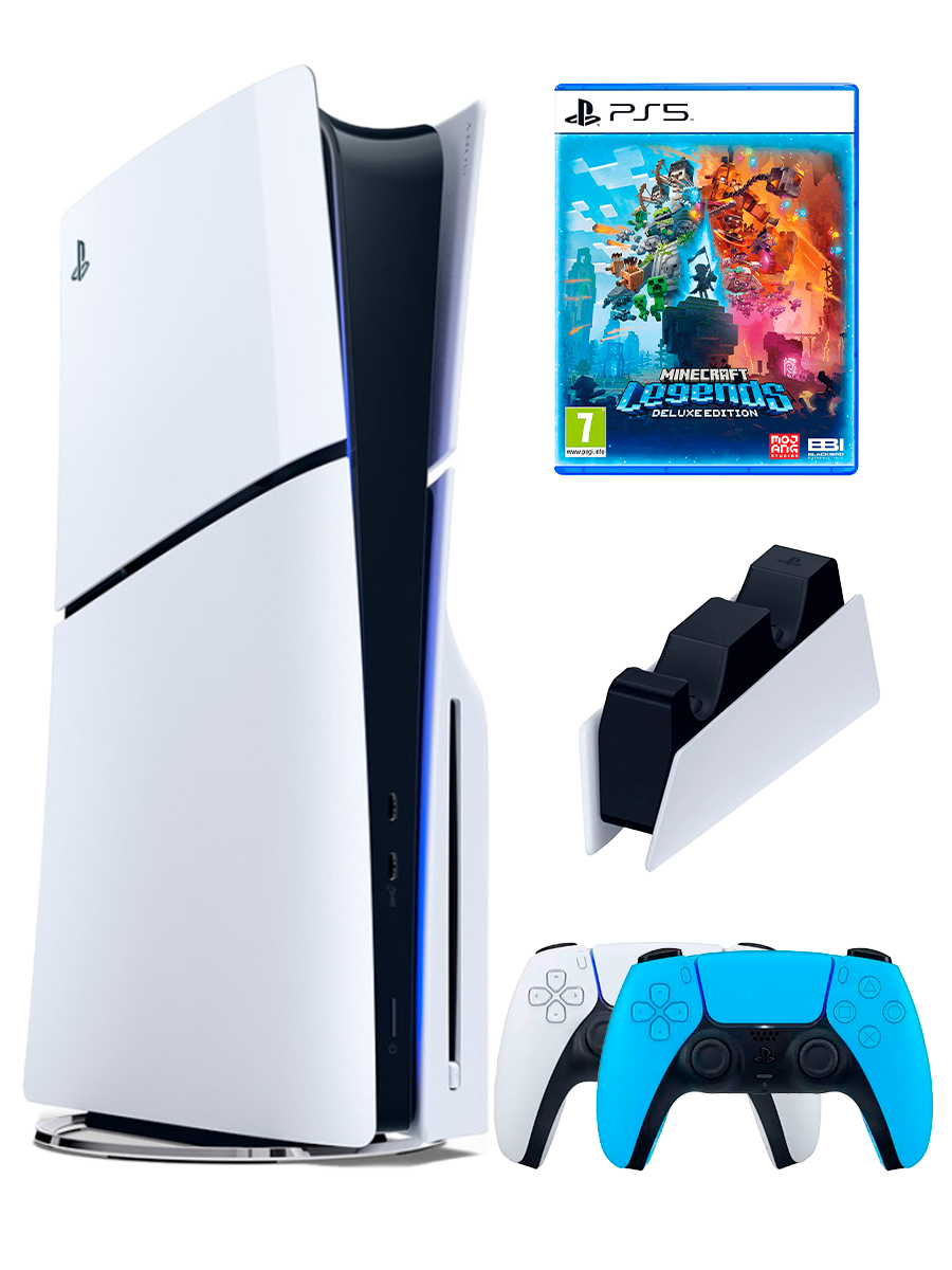 PS5 (ПС5) Игровая приставка Sony PlayStation 5 Slim disc + 2-й геймпад(голубой) + зарядное + игра Minecraft