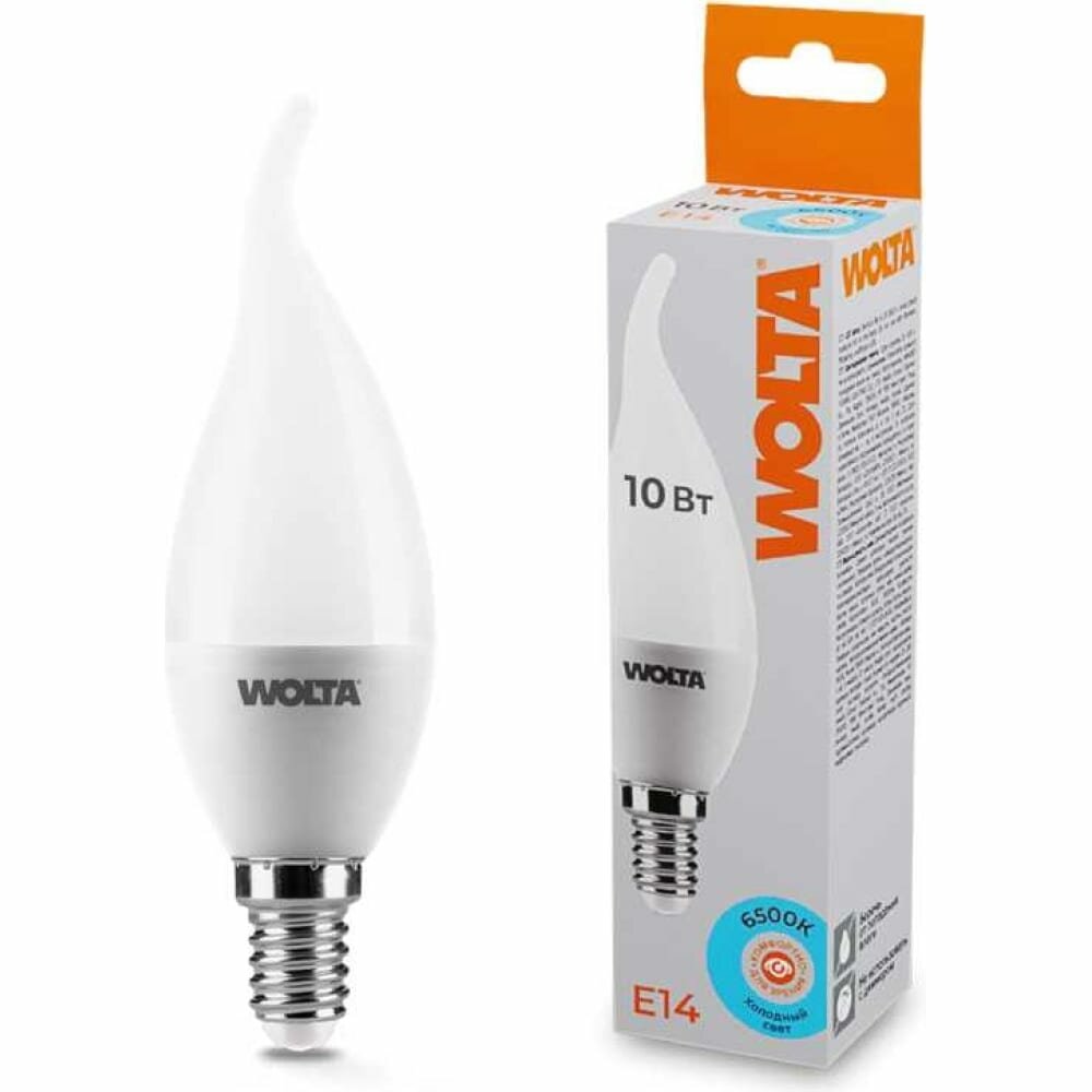 Светодиодная лампа WOLTA свеча на ветру, CD37, 10Вт, 825лм, Е14, 6500К