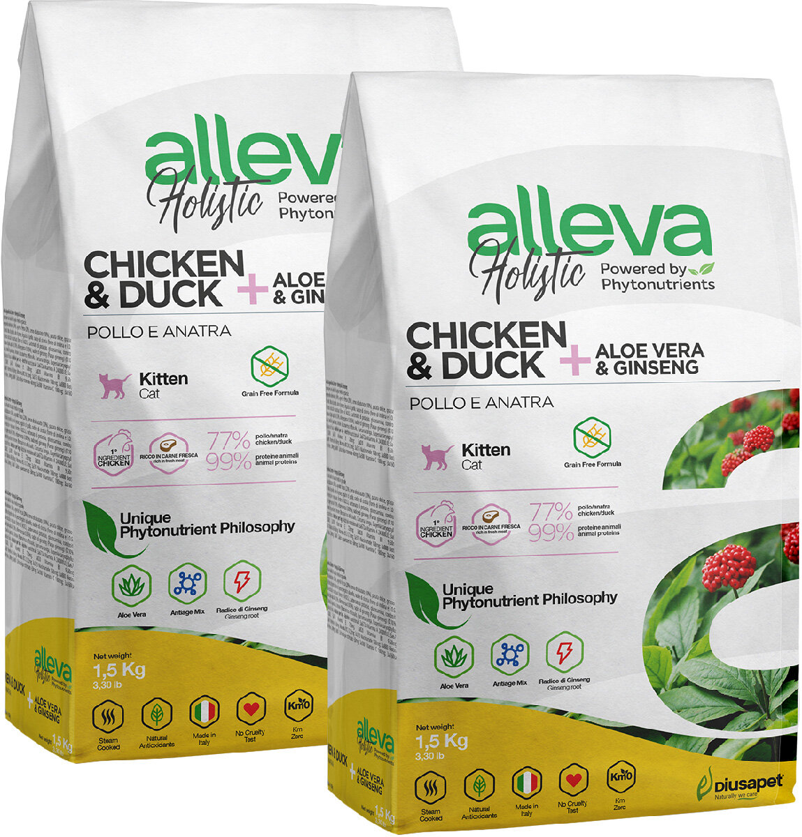 ALLEVA HOLISTIC KITTEN CHICKEN & DUCK беззерновой для котят с курицей, уткой, алоэ вера и женьшенем (1,5 + 1,5 кг)