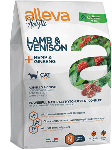 Сухой беззерновой корм Alleva Holistic Adult для взрослых кошек, с ягненком, олениной, коноплей и женьшенем, 400 гр