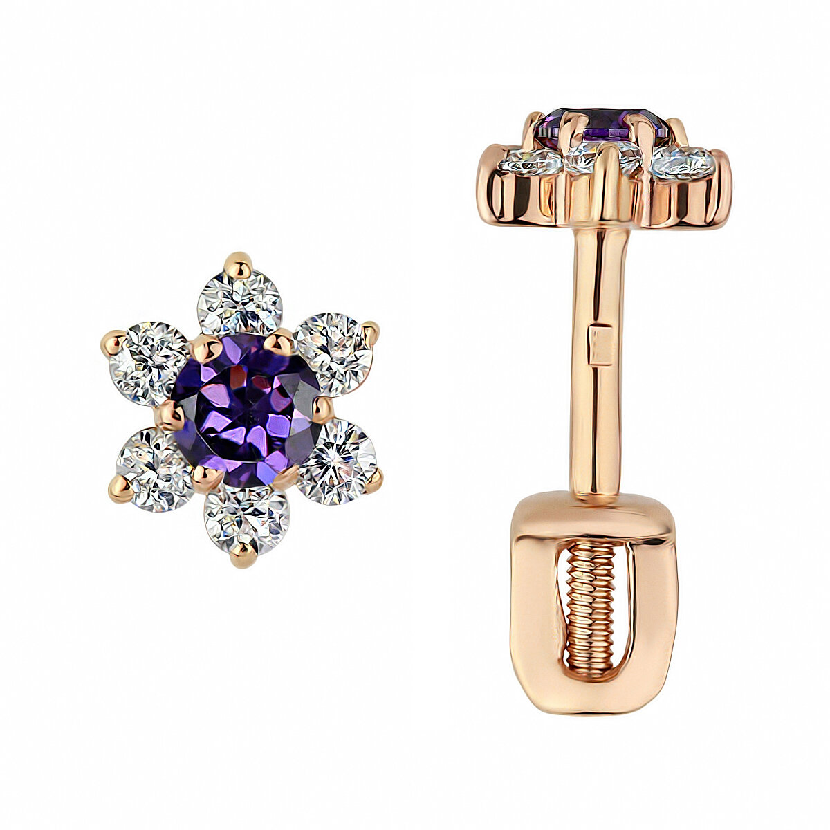 Серьги пусеты, красное золото, 585 проба, фианит