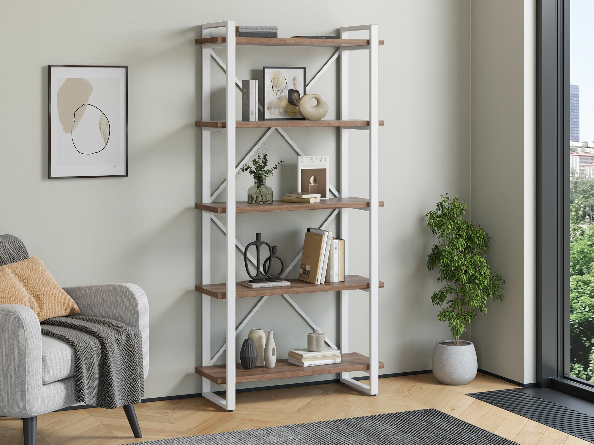 Стеллаж Айсберг Лофт 80х182-2 белый/дуб крафт табак