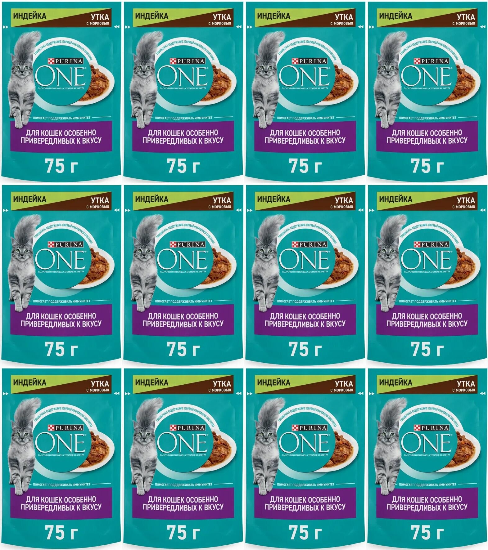 Purina ONE Корм влажный для кошек особенно привередливых к вкусу, с индейкой , уткой и морковью, 75 г, 12 уп.