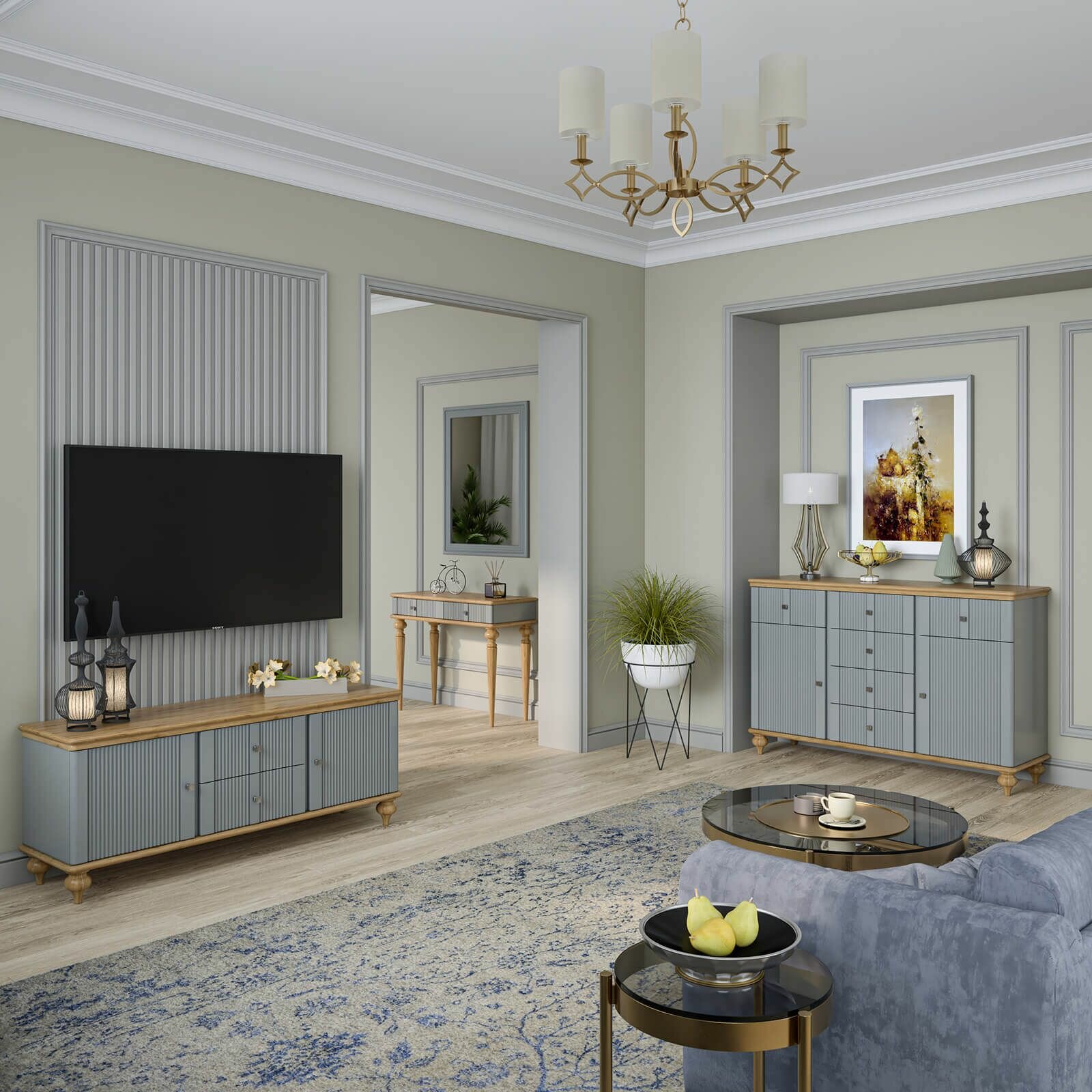 Тумба ММЦ ТВ Гостиная Рандеву 22 (серый №7042+антик №24) из массива сосны