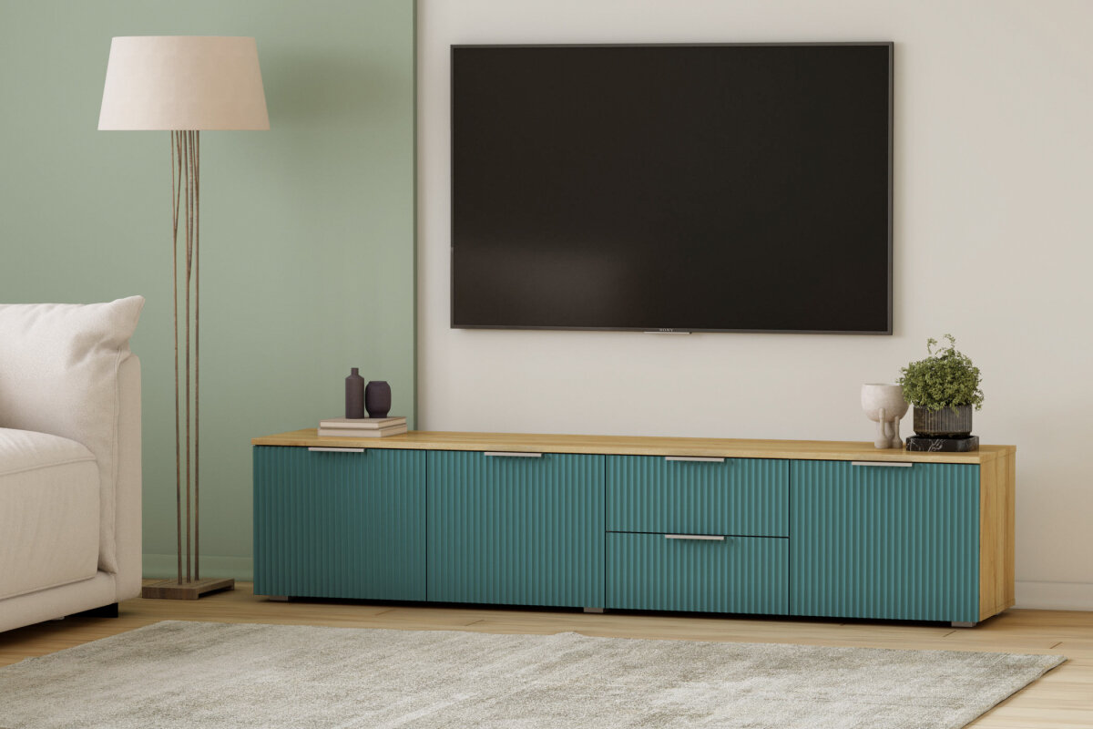 ТВ-тумба Салерно 1 (МДФ) SF-013 Аквамарин Дуб Золотистый U1148 NEW 197x42x43 см, зеленый GOODFORM
