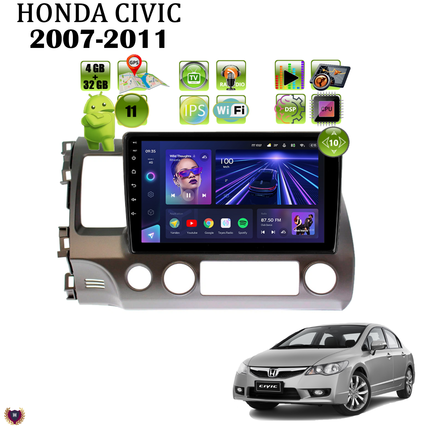Автомагнитола для Honda Civic (2007-2011), Android 11, 4/32 Gb, Wi-Fi, Bluetooth, Hands Free, разделение экрана, поддержка кнопок на руле