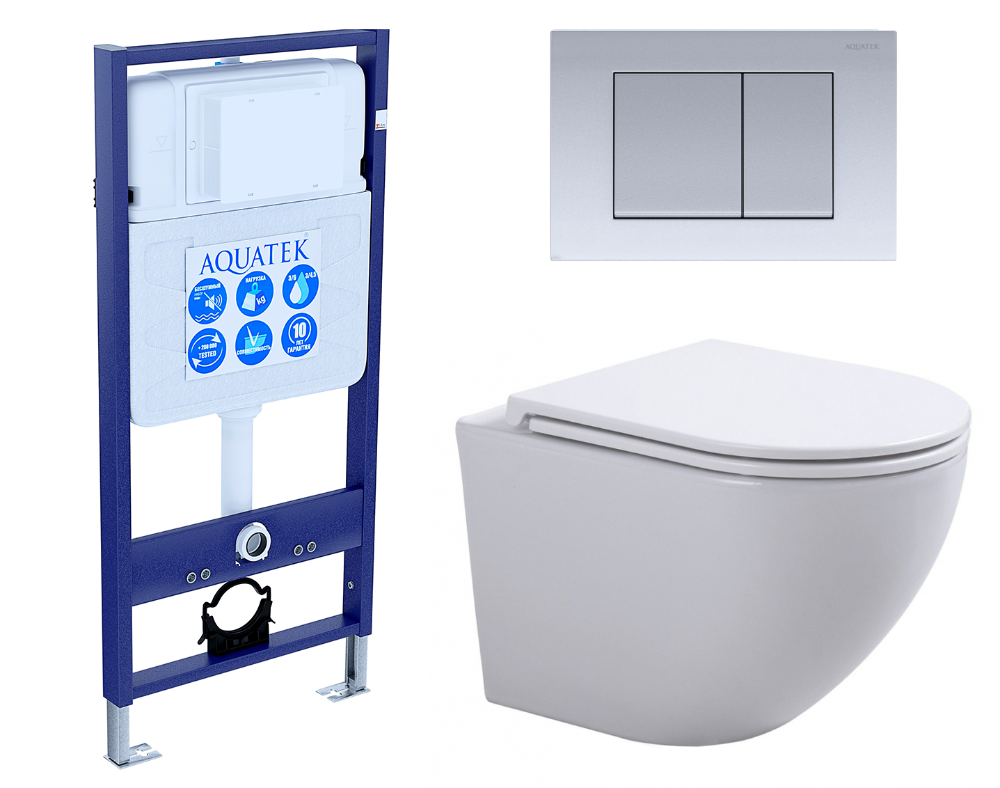 Комплект 3 в 1 инсталляция Акватек Standart 50 + Подвесной унитаз SinteSi EVI с кнопкой хром матовой INS-0000012 + SIN-TS-EVI-151 + KDI-0000011