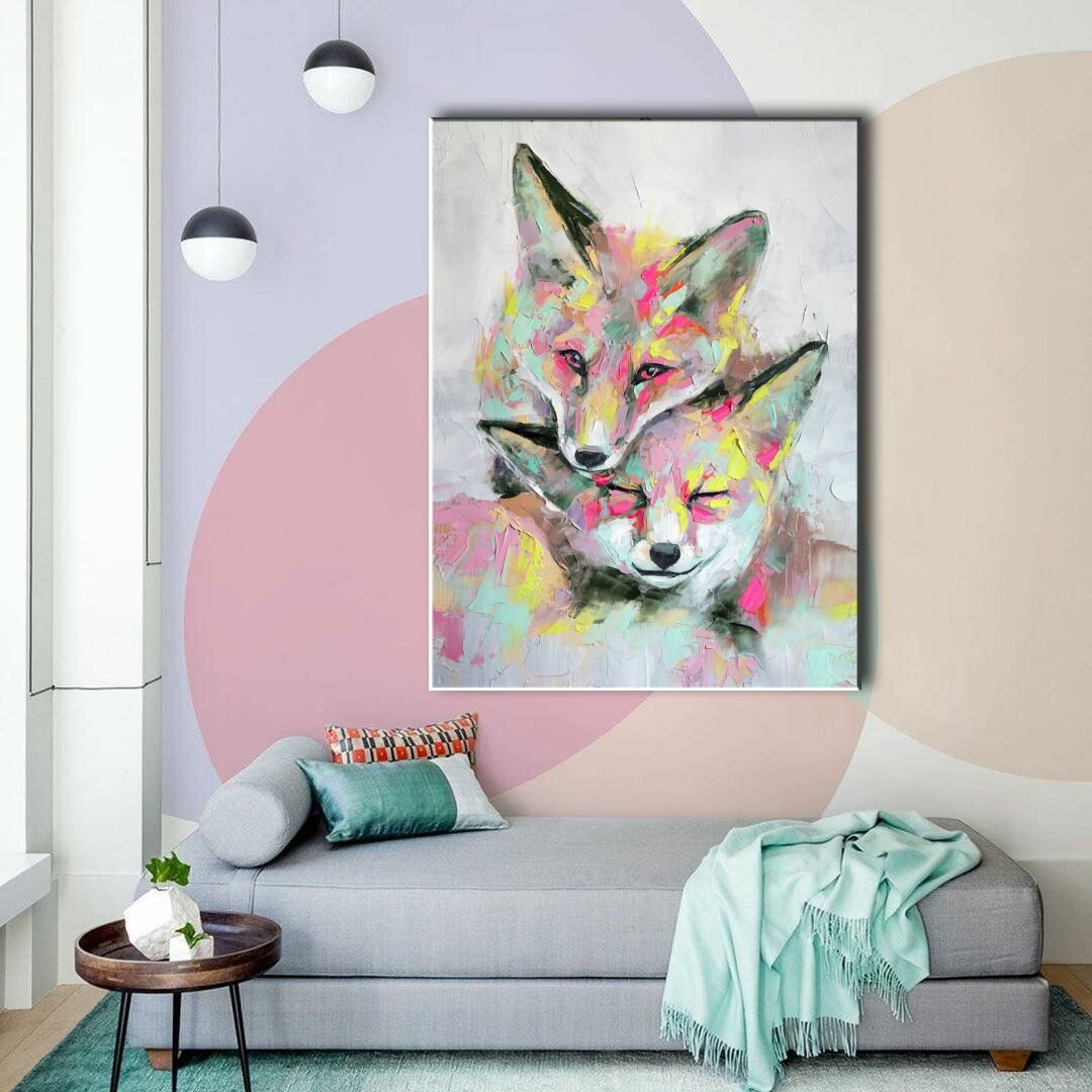 Картина для интерьера на холсте " Лиса с лисенком " 50х70 см